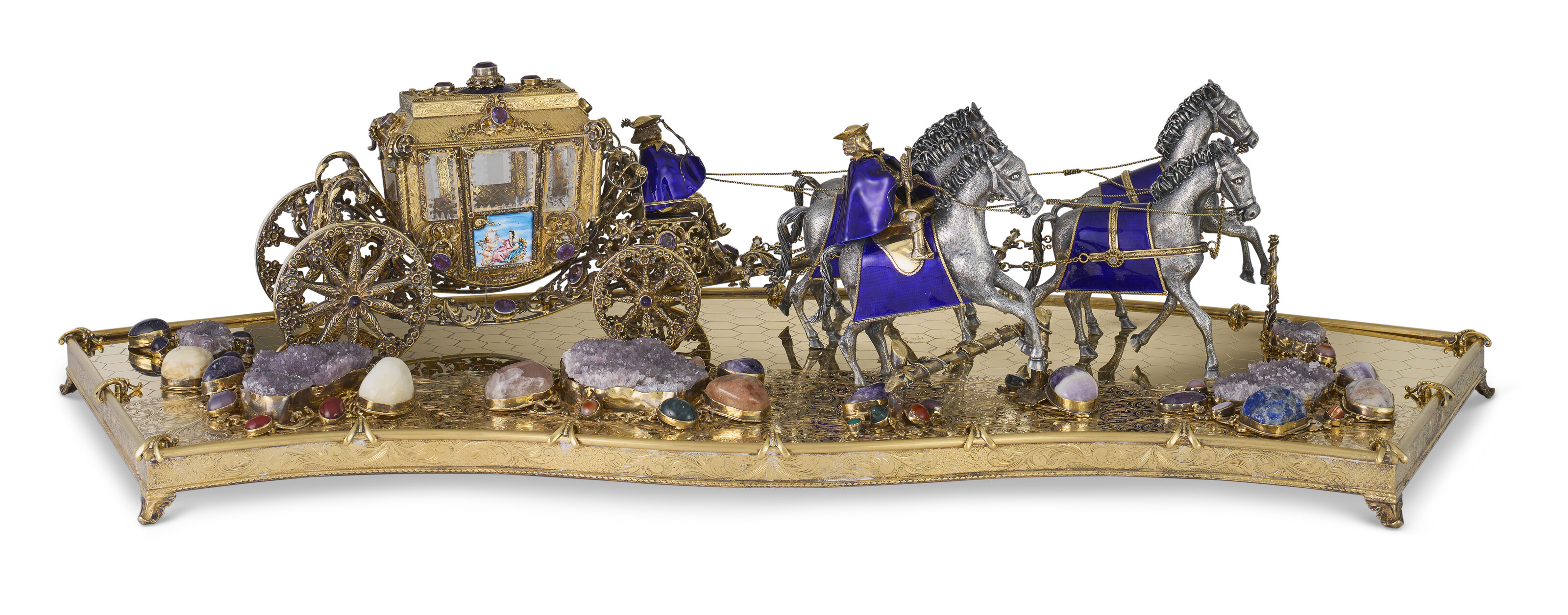 A LARGE CONTINENTAL PARCEL-GILT SILVER, ENAMEL AND HARDSTONE-MOUNTED ...