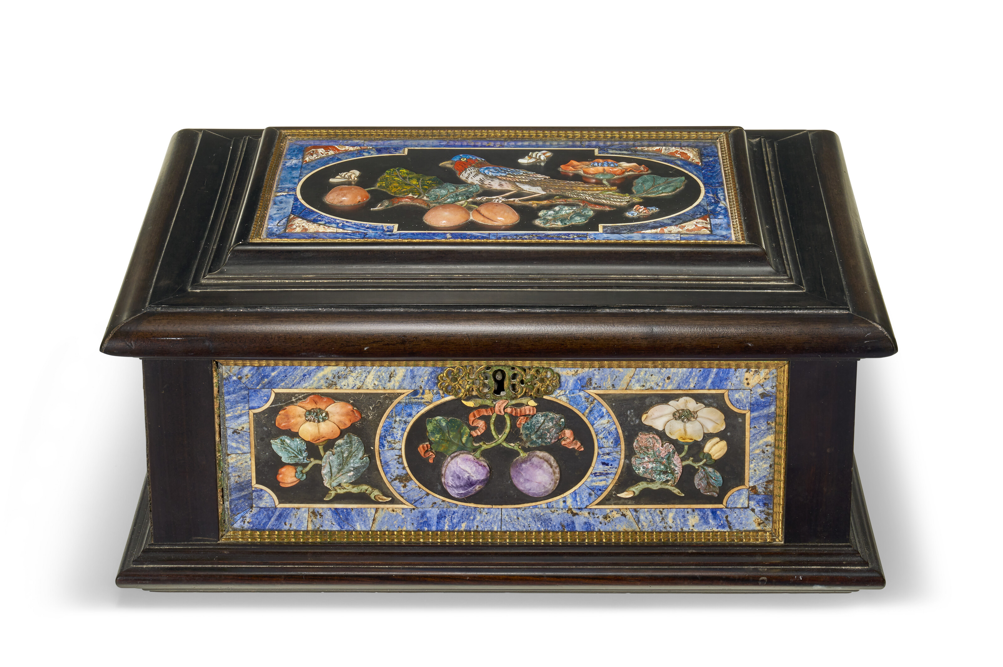 AN ITALIAN GILT-BRONZE MOUNTED, EBONY AND PIETRA DURA CASKET ...