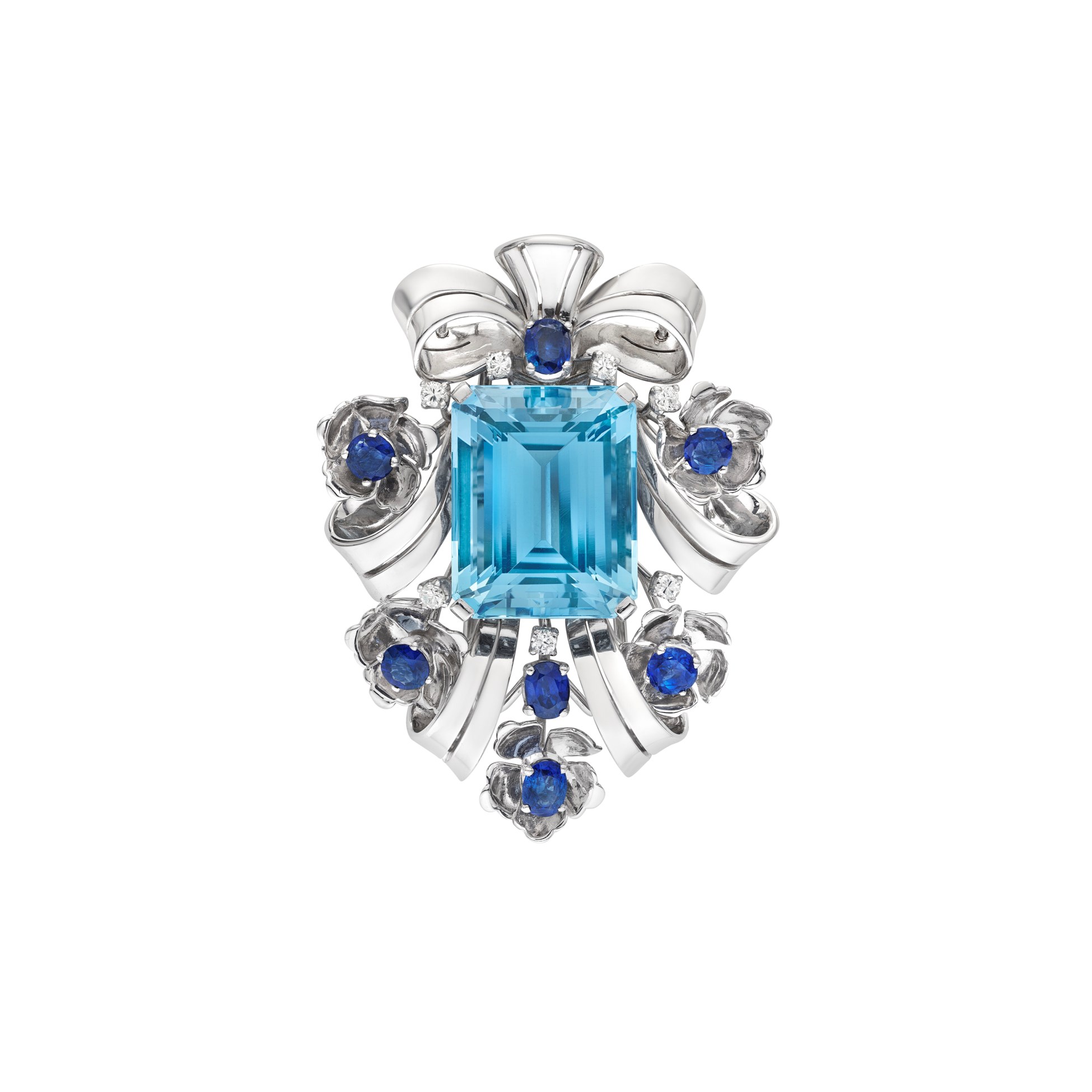 TIFFANY & CO RETRO AQUAMARINE, SAPPHIRE AND DIAMOND CLIP-BROOCH ...