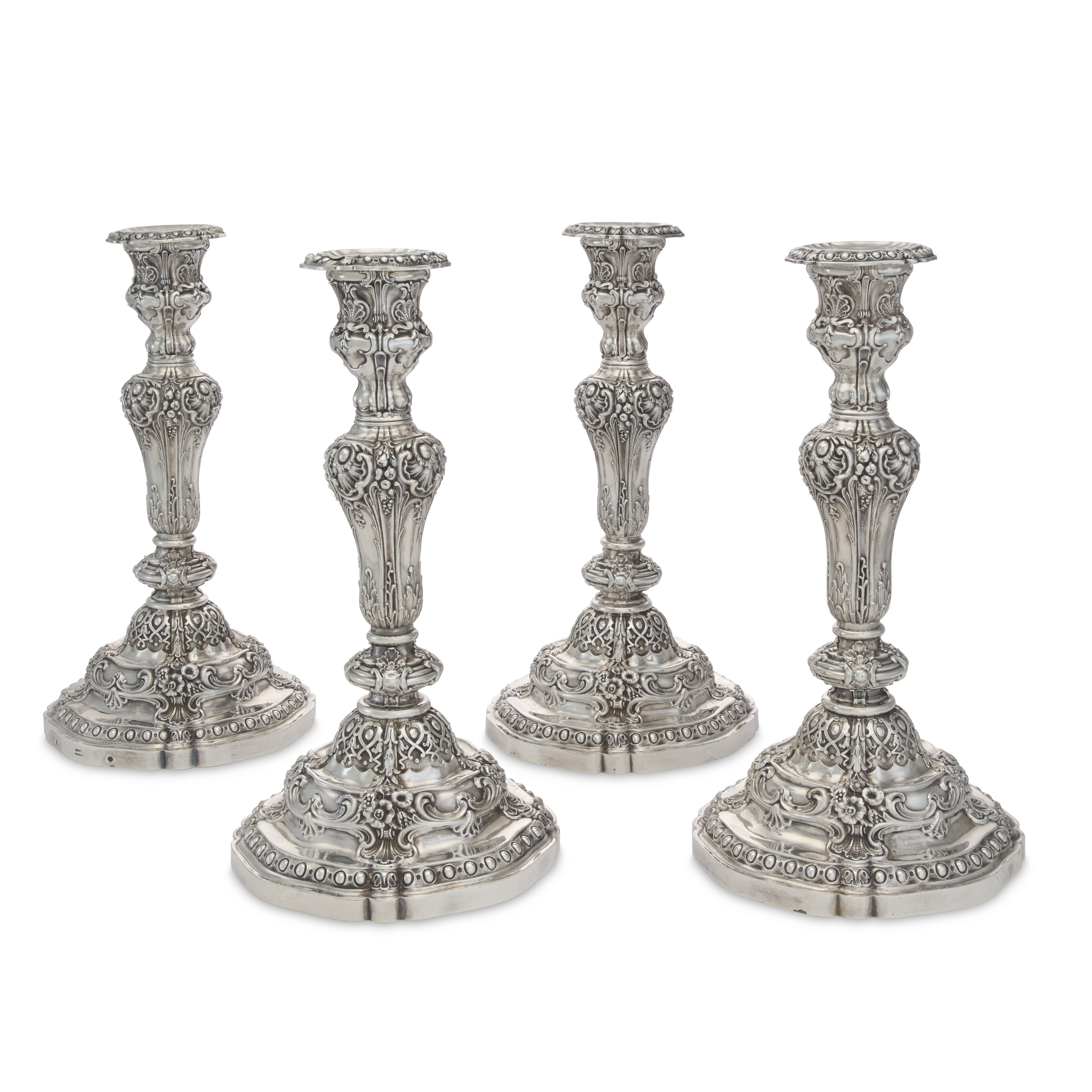 A SET OF FOUR LARGE FRENCH SILVER CANDLESTICKS, MARK OF CHARLES-NICOLAS ...