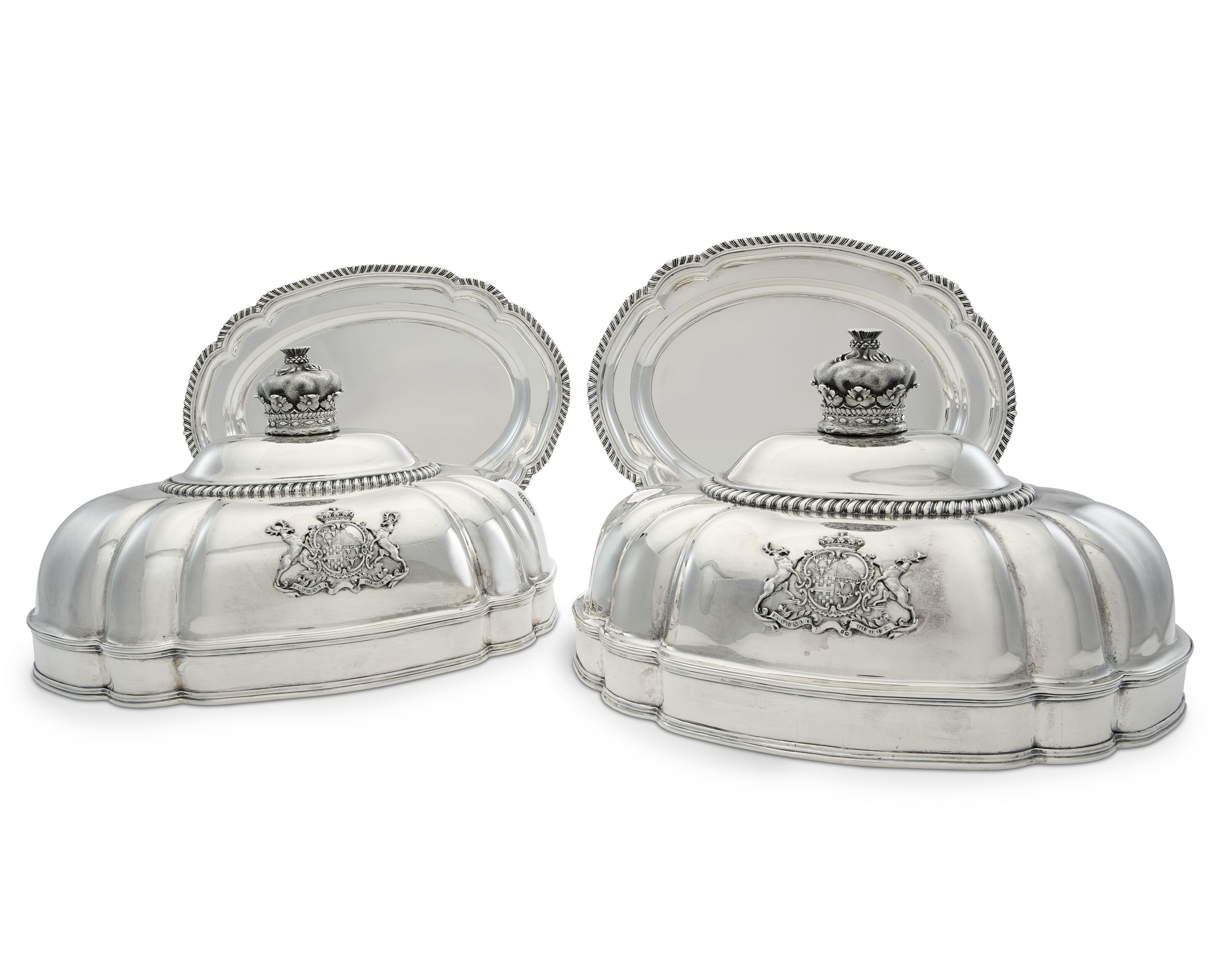A PAIR OF GEORGE IV SILVER MEAT DISH COVERS AND TWO MODERN SILVER MEAT ...