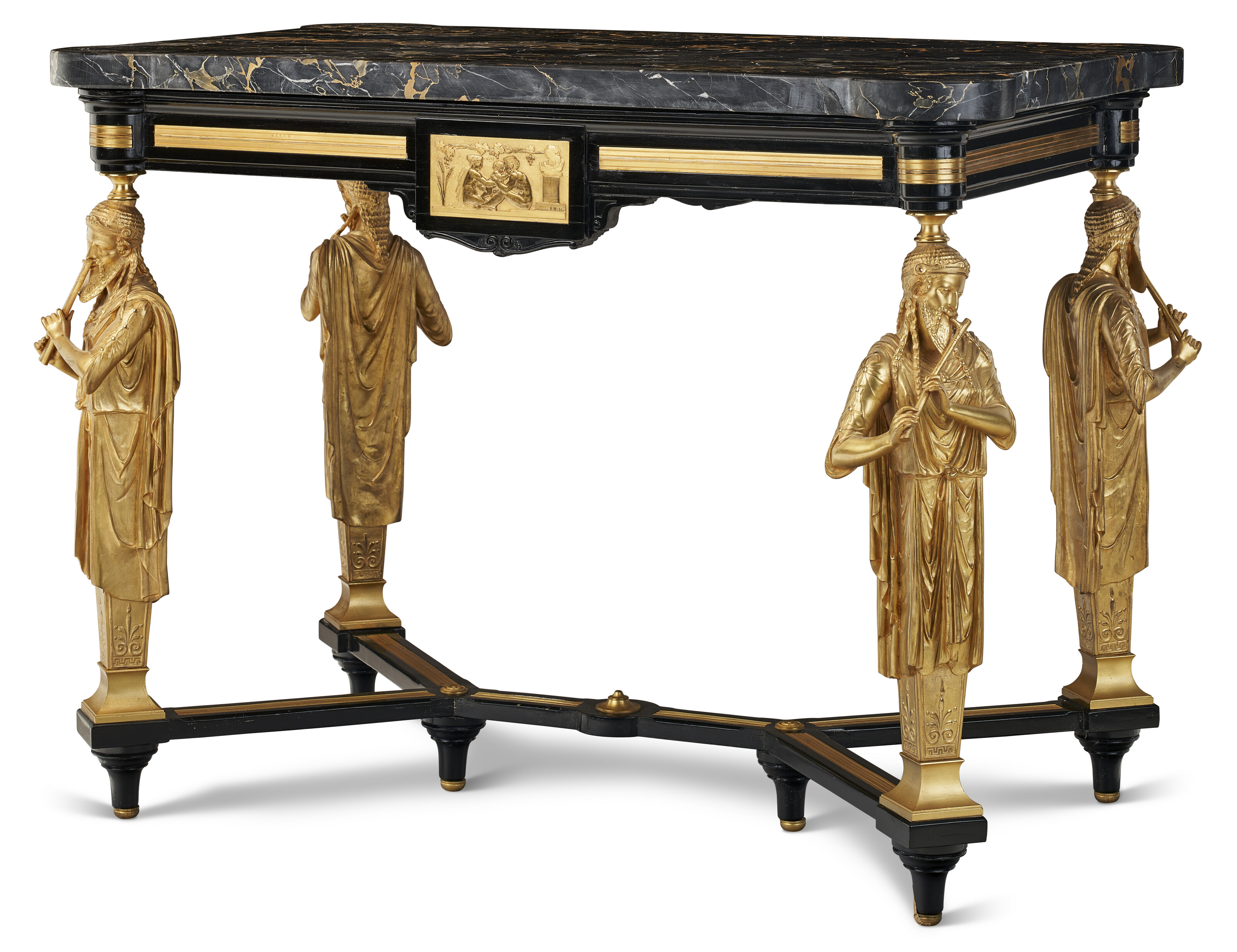 A FINE FRENCH ORMOLU-MOUNTED EBONIZED CENTER TABLE, ATTRIBUTED TO ...