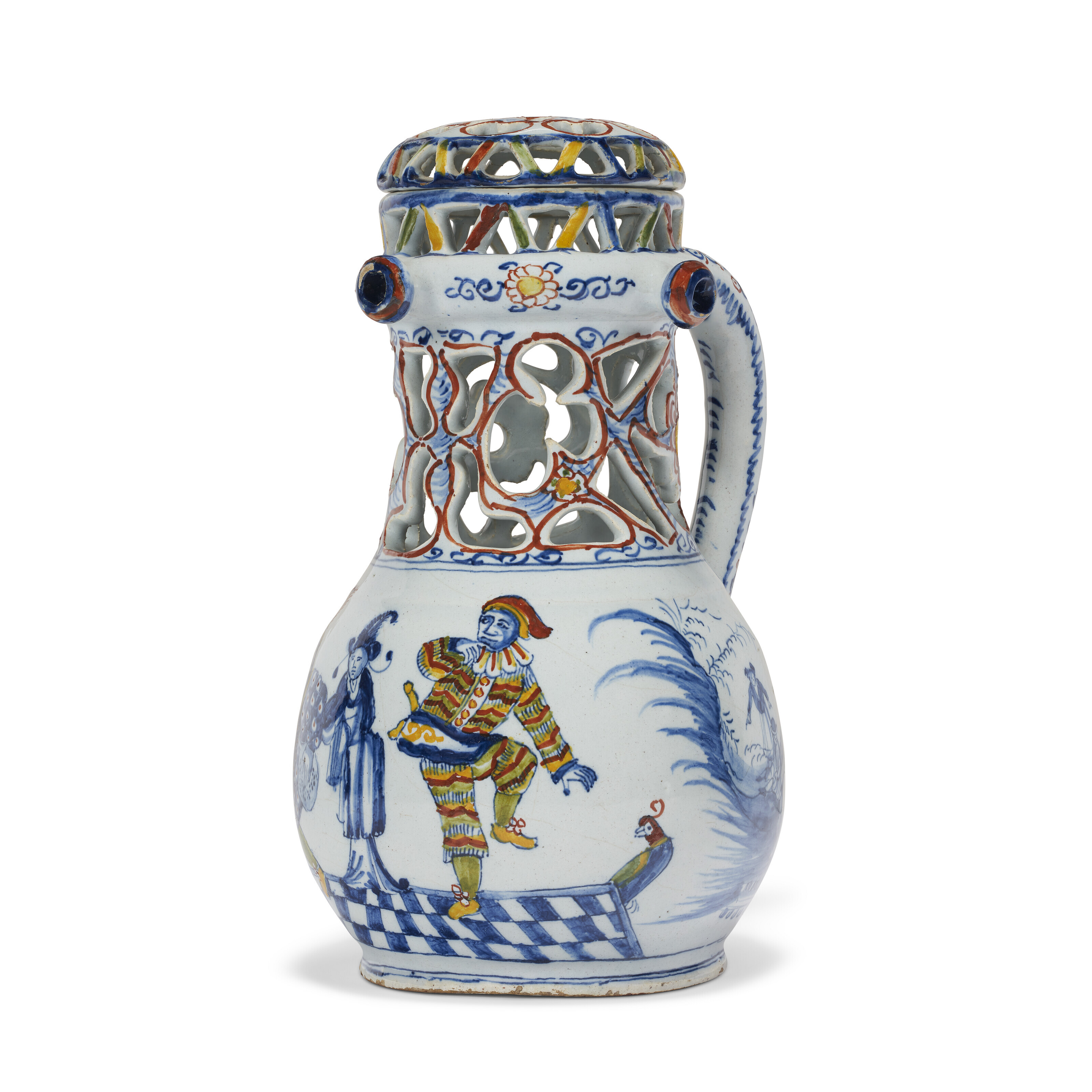 A DUTCH DELFT POLYCHROME COMMEDIA DELL'ARTE PUZZLE-JUG AND COVER ...