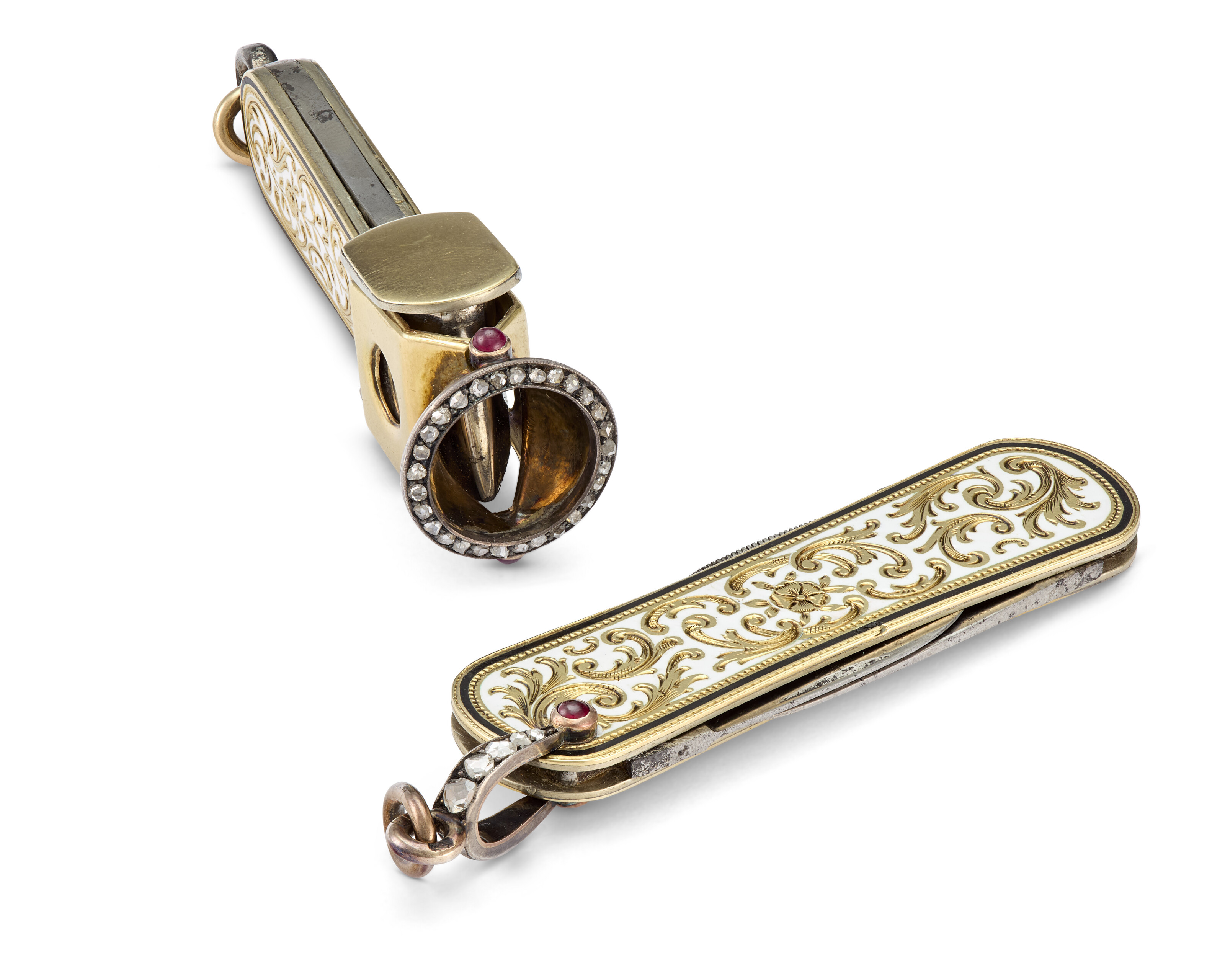 A CHAMPLEVÉ ENAMEL GOLD-MOUNTED AND SILVER-GILT POCKET KNIFE AND A ...