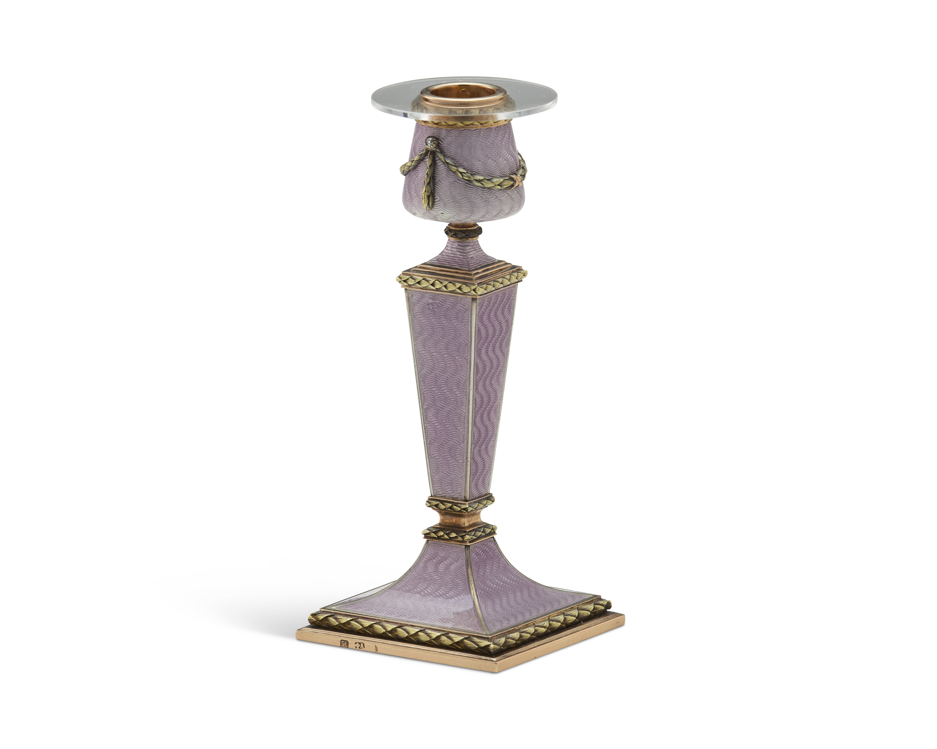 A JEWELED TWO-COLOR GOLD, SILVER-GILT AND GUILLOCHÉ ENAMEL TAPER-STICK ...