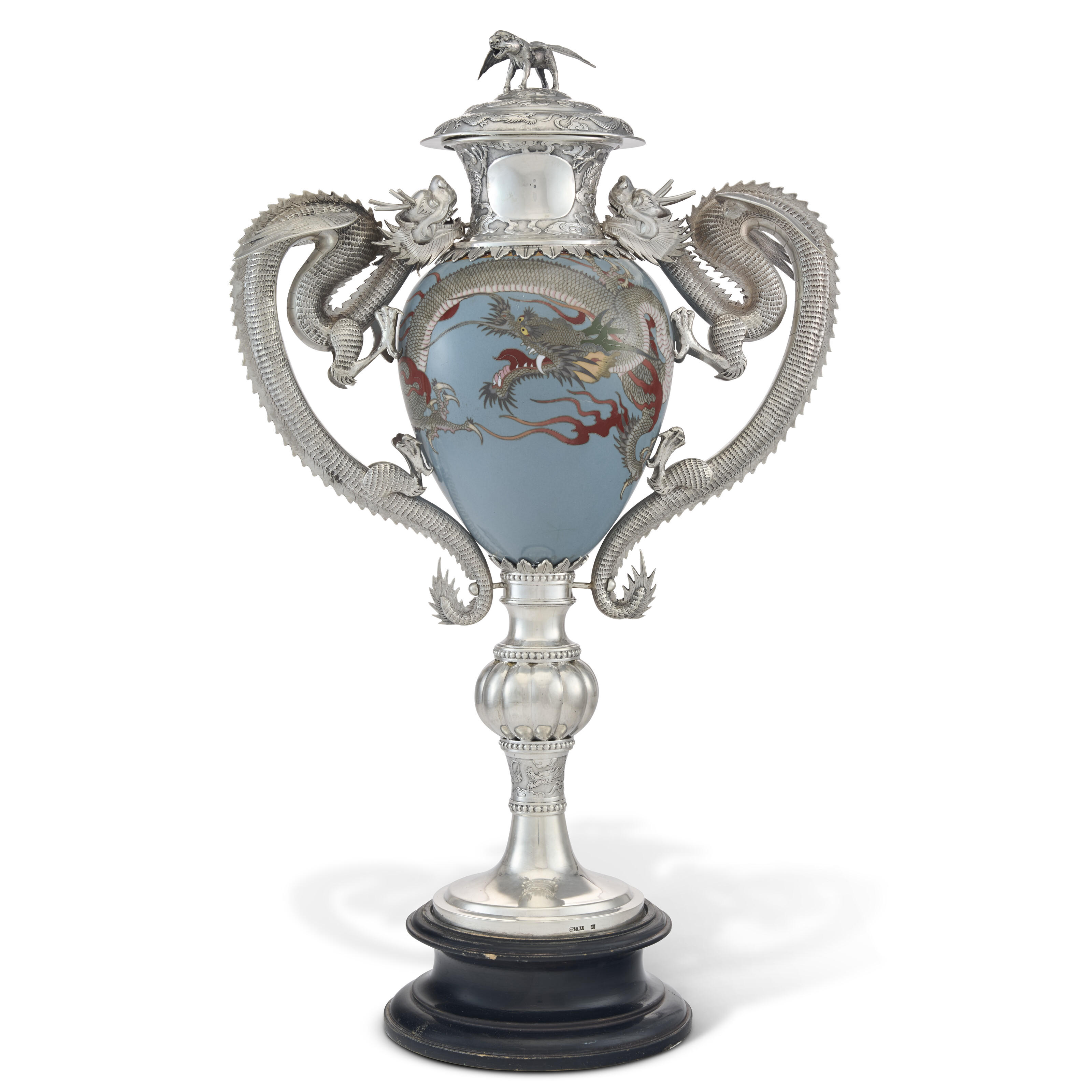 A CHINESE EXPORT SILVER-MOUNTED JAPANESE CLOISONNE ENAMEL VASE, MAKER'S ...