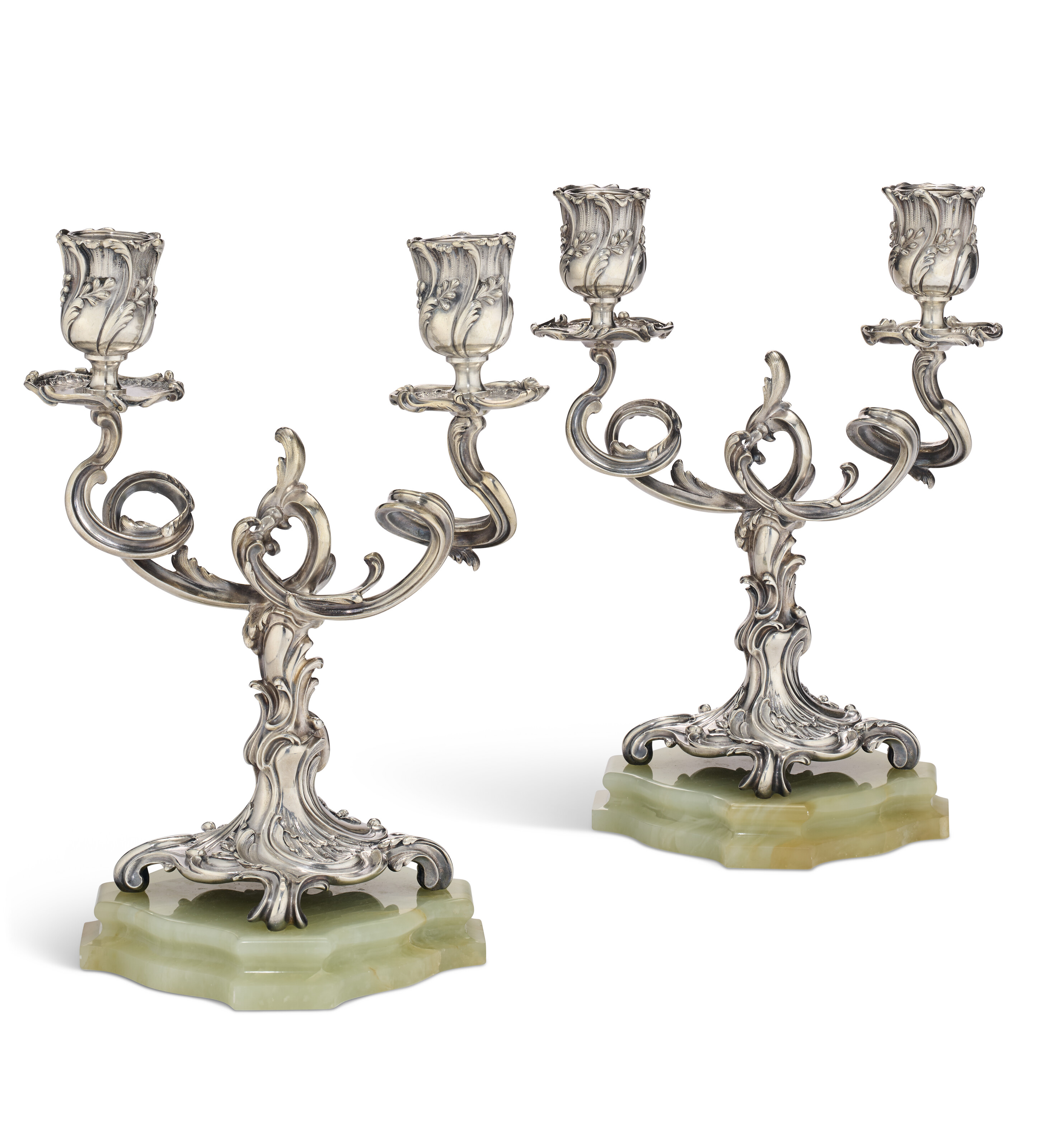 A PAIR OF SILVER AND BOWENITE TWO-LIGHT CANDELABRA, BY FABERGÉ ...