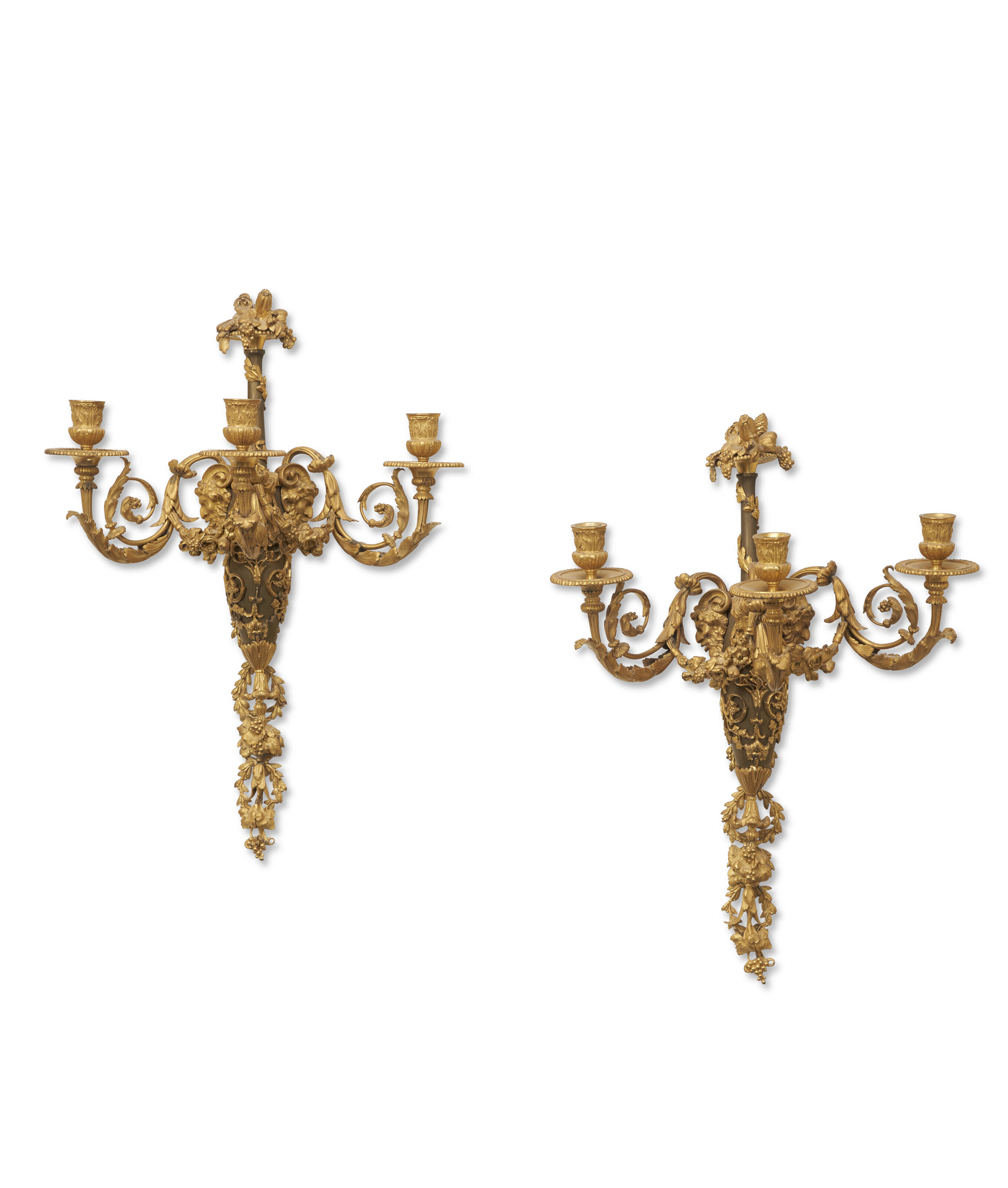 A PAIR OF RESTAURATION ORMOLU AND PATINATED-BRONZE THREE-BRANCH WALL ...