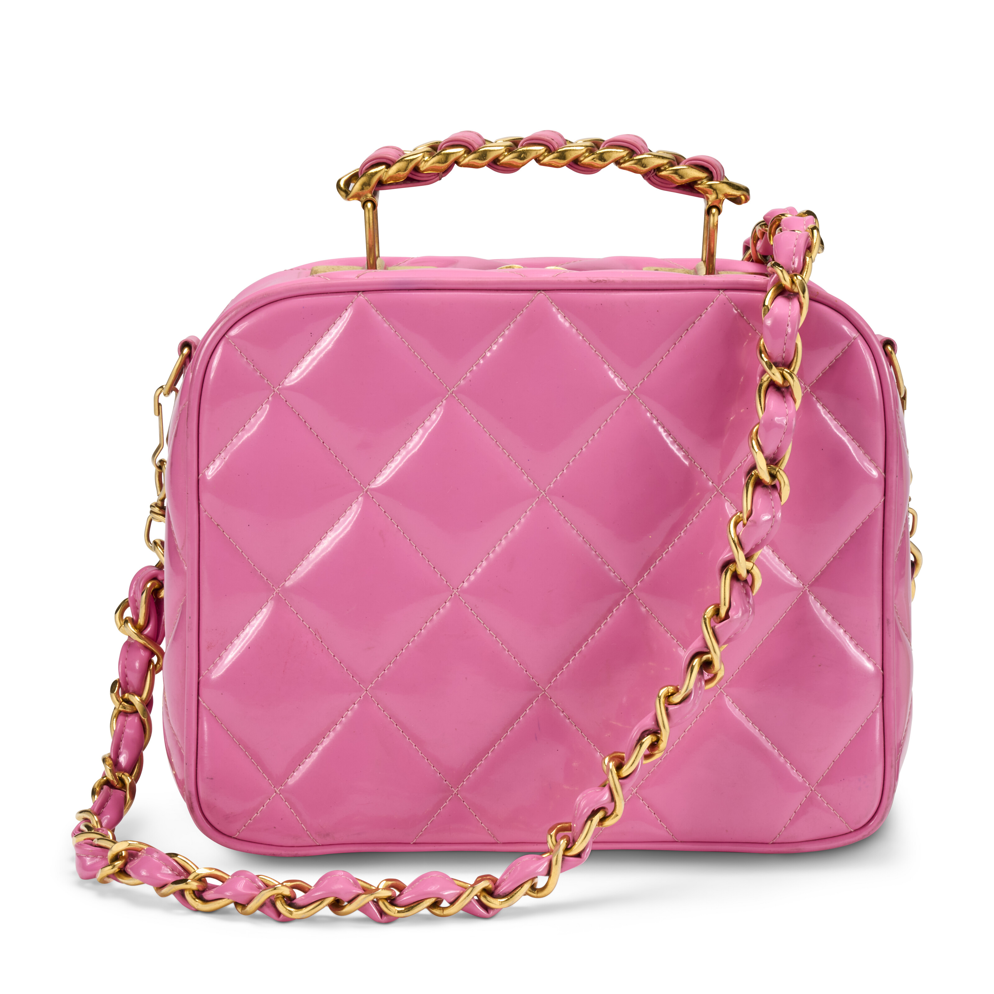 A RARE, PINK QUILTED PATENT LEATHER VANITY CASE WITH GOLD HARDWARE ...