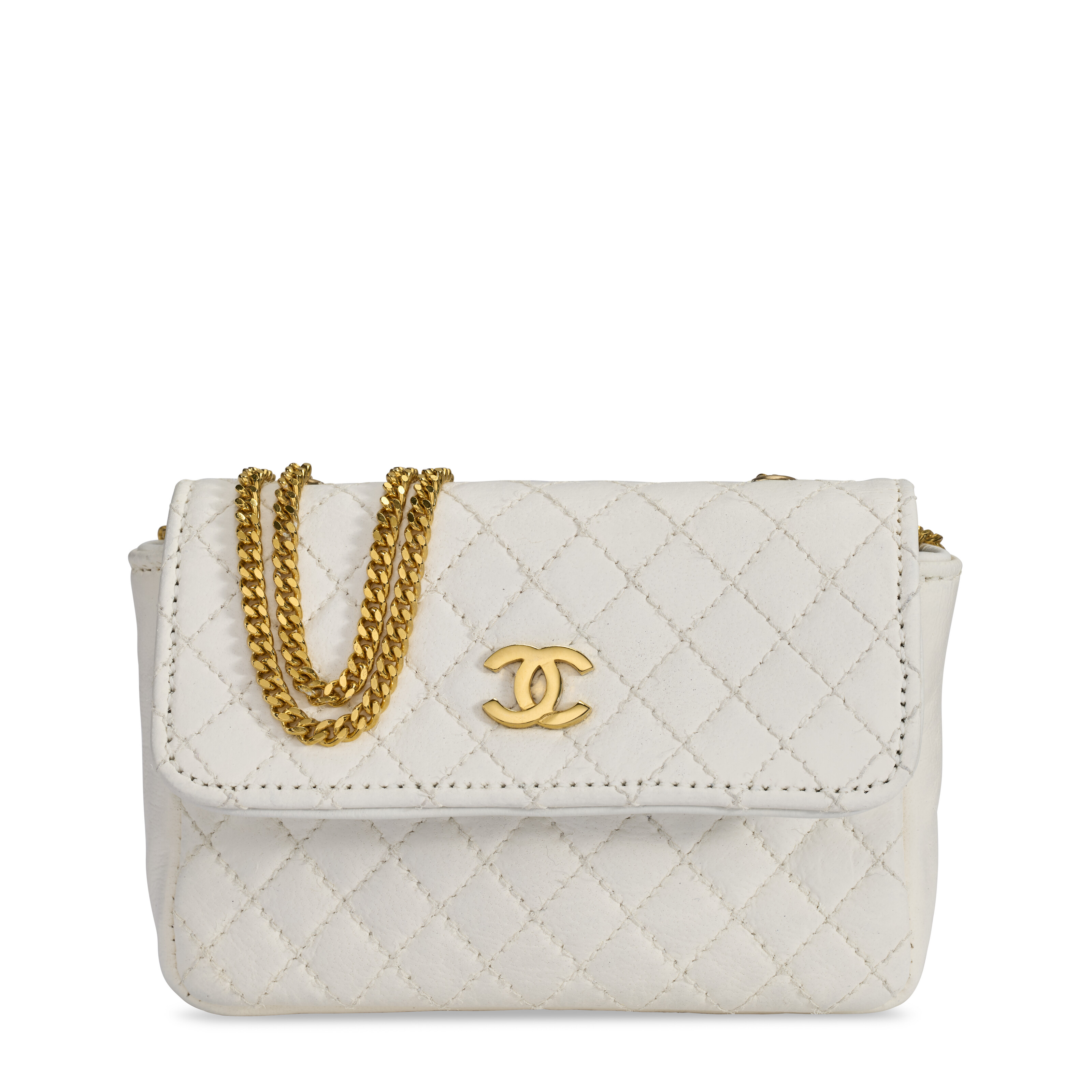 A RUNWAY WHITE QUILTED LAMBSKIN LEATHER MICRO FLAP BAG WITH GOLD HARDWARE, CHANEL, SPRING 1987 ...