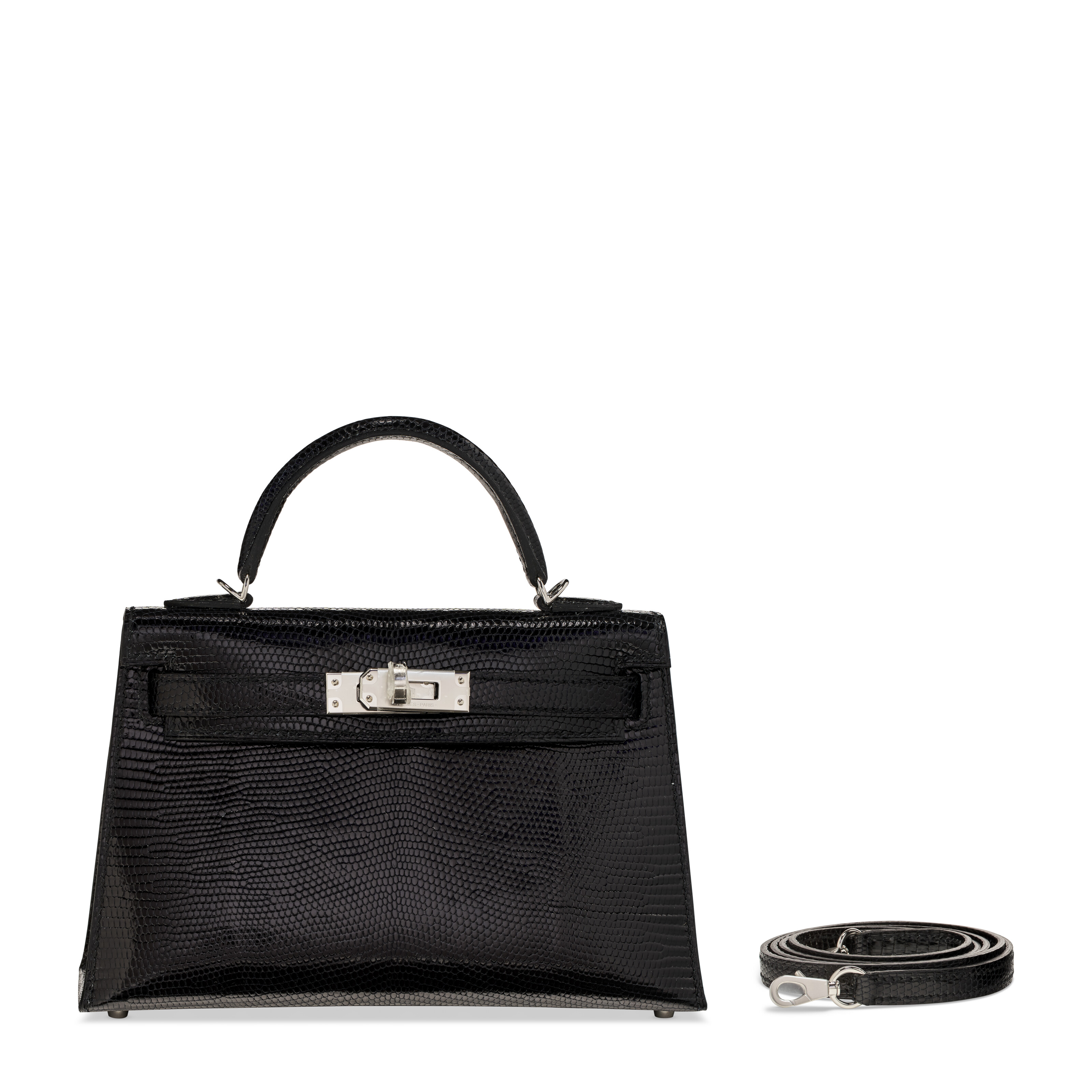 A SHINY BLACK NILOTICUS LIZARD MINI KELLY 20 II WITH PALLADIUM HARDWARE ...