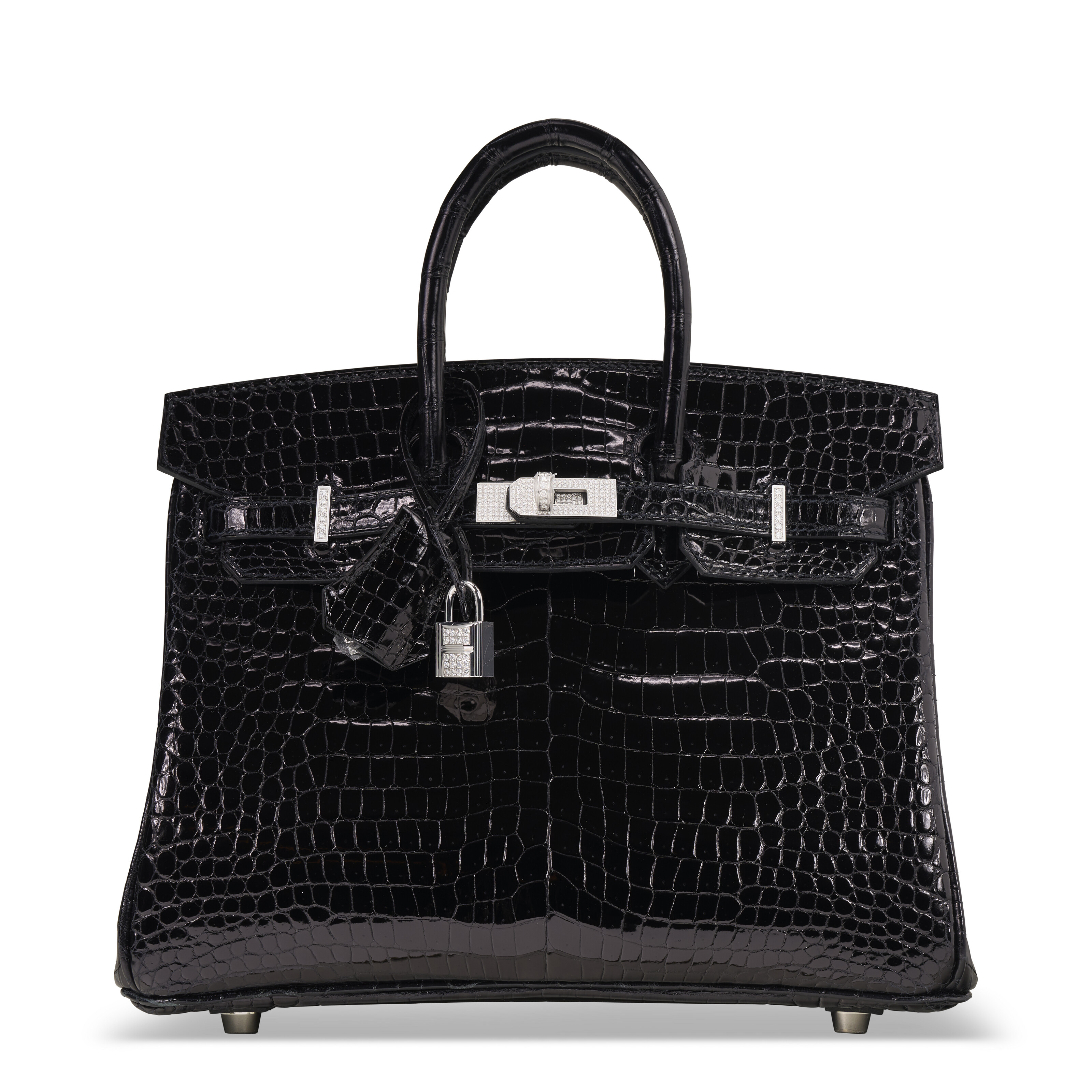 AN EXCEPTIONAL, SHINY BLACK POROSUS CROCODILE DIAMOND BIRKIN 25 WITH ...