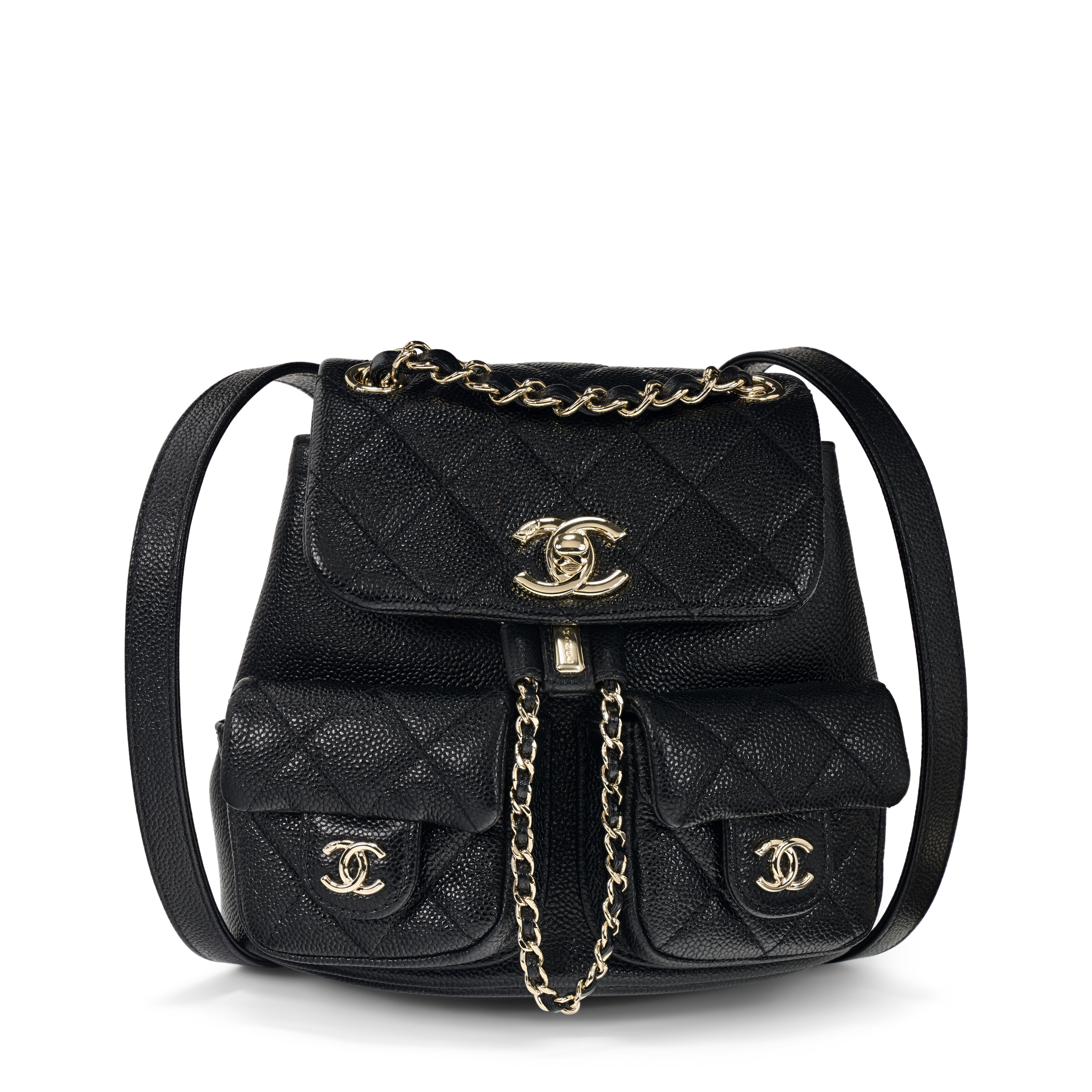 A BLACK QUILTED SHINY CAVIAR LEATHER DUMA BACKPACK WITH GOLD HARDWARE ...