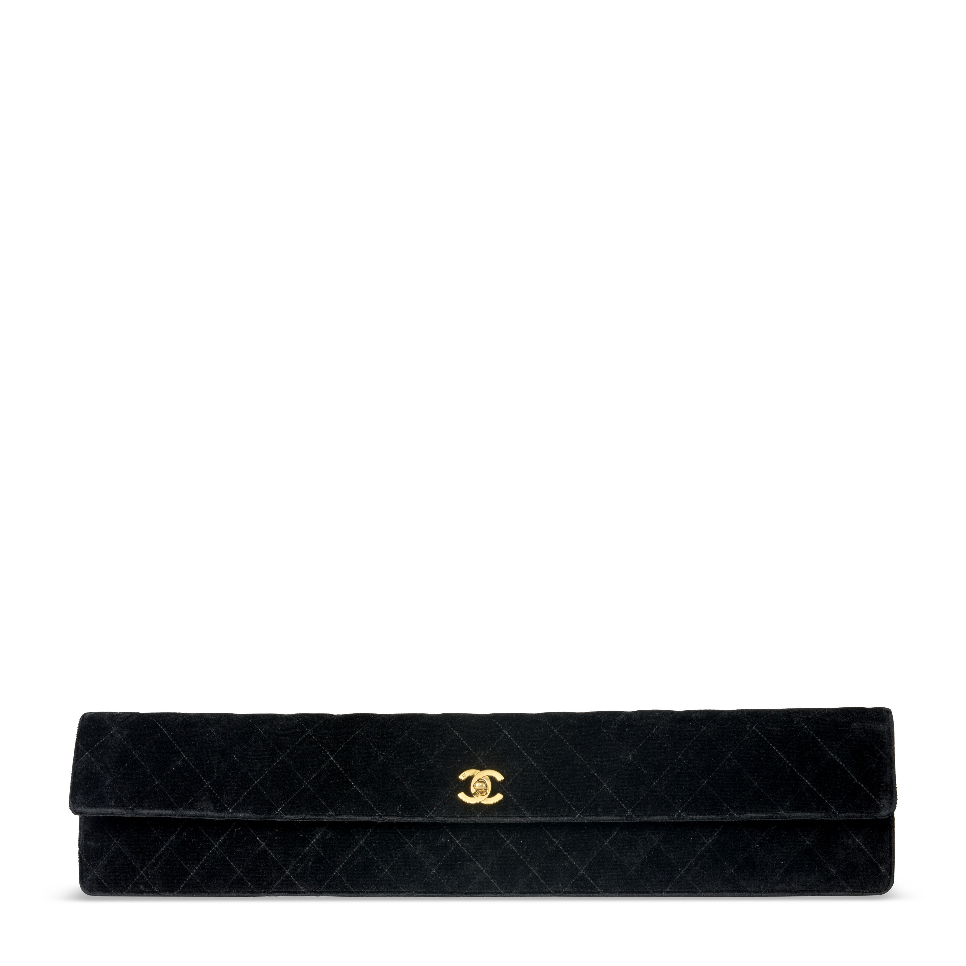 A RARE, EXTRA LONG EAST-WEST BLACK QUILTED VELVET FLAP CC CLUTCH WITH ...