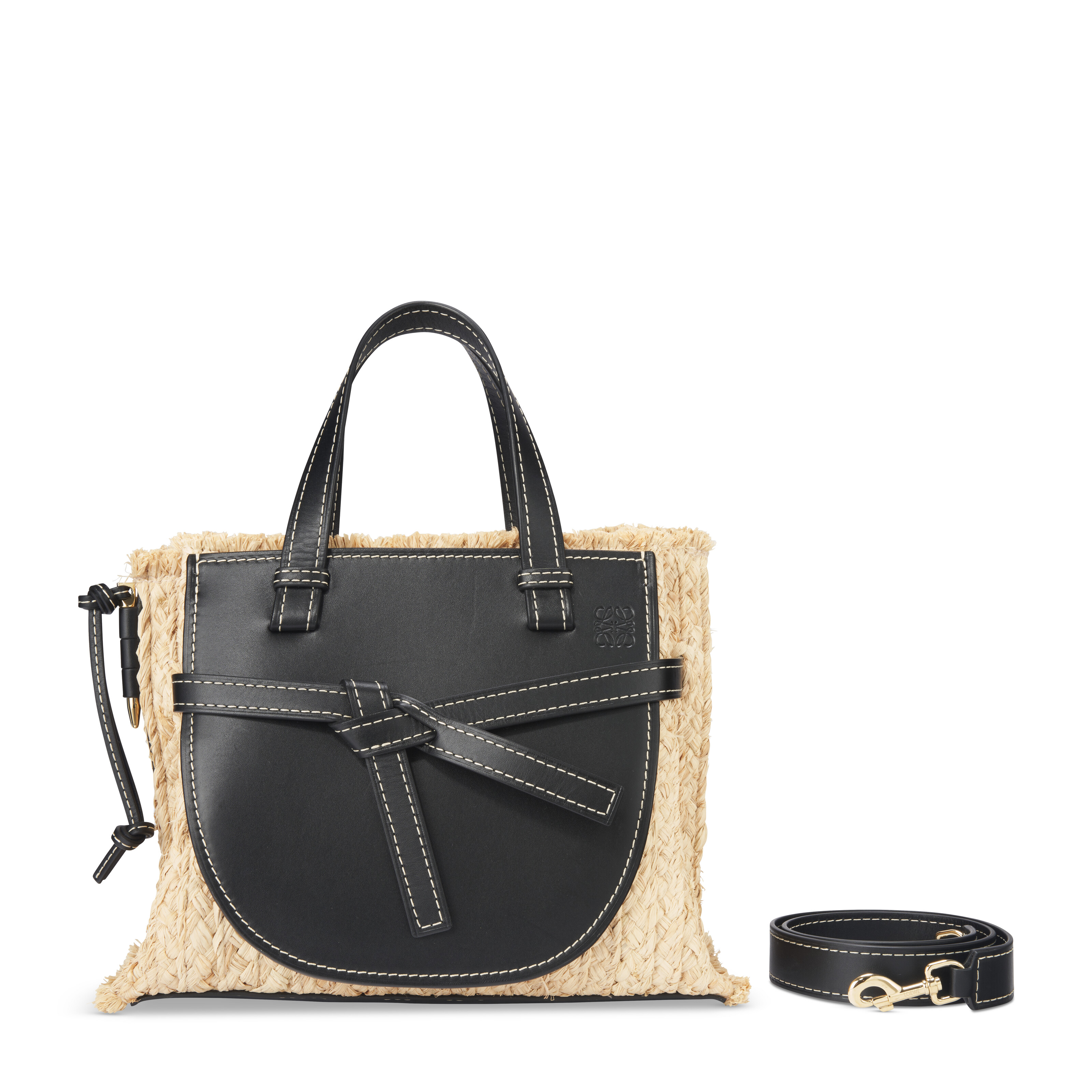 A BLACK LEATHER & NATURAL RAFFIA SMALL GATE TOTE WITH GOLD HARDWARE ...