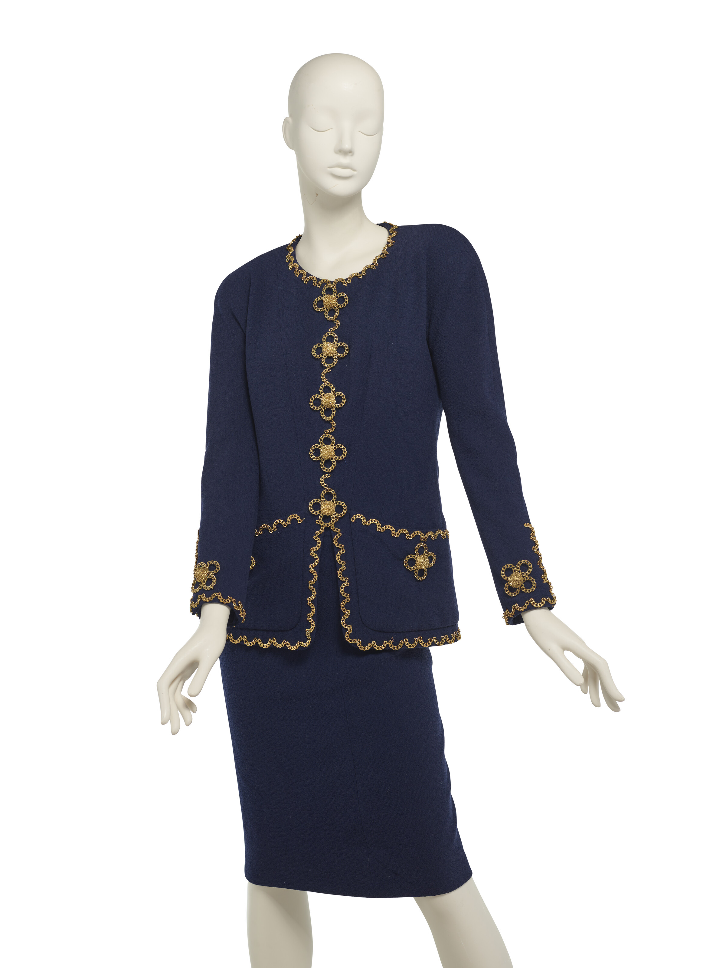 A HAUTE COUTURE RUNWAY NAVY SKIRT SET WITH GOLD CHAIN-LINK TRIM, CHANEL ...