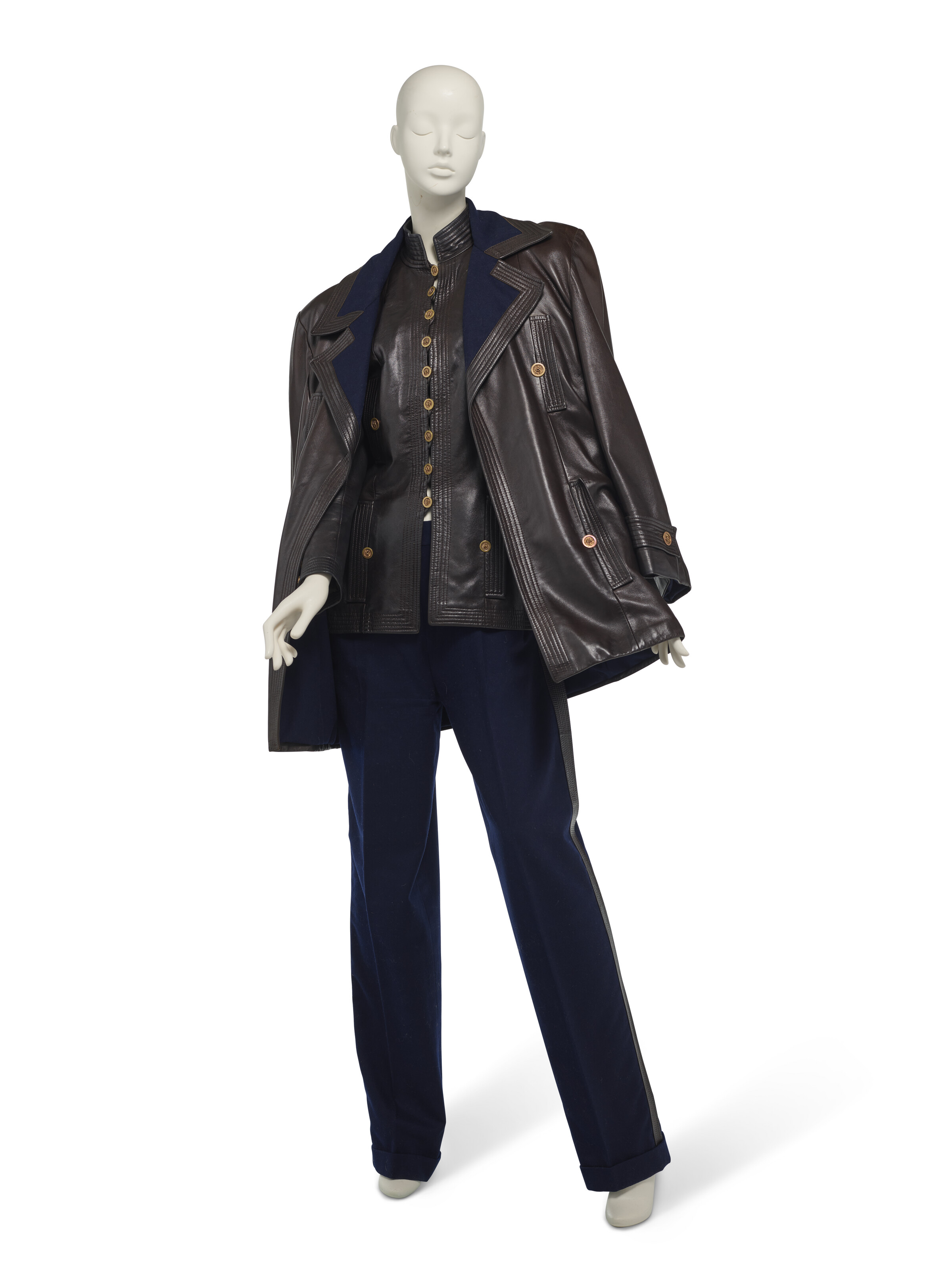 A RARE HAUTE COUTURE RUNWAY PROTOTYPE BROWN LEATHER & NAVY WOOL COAT ...
