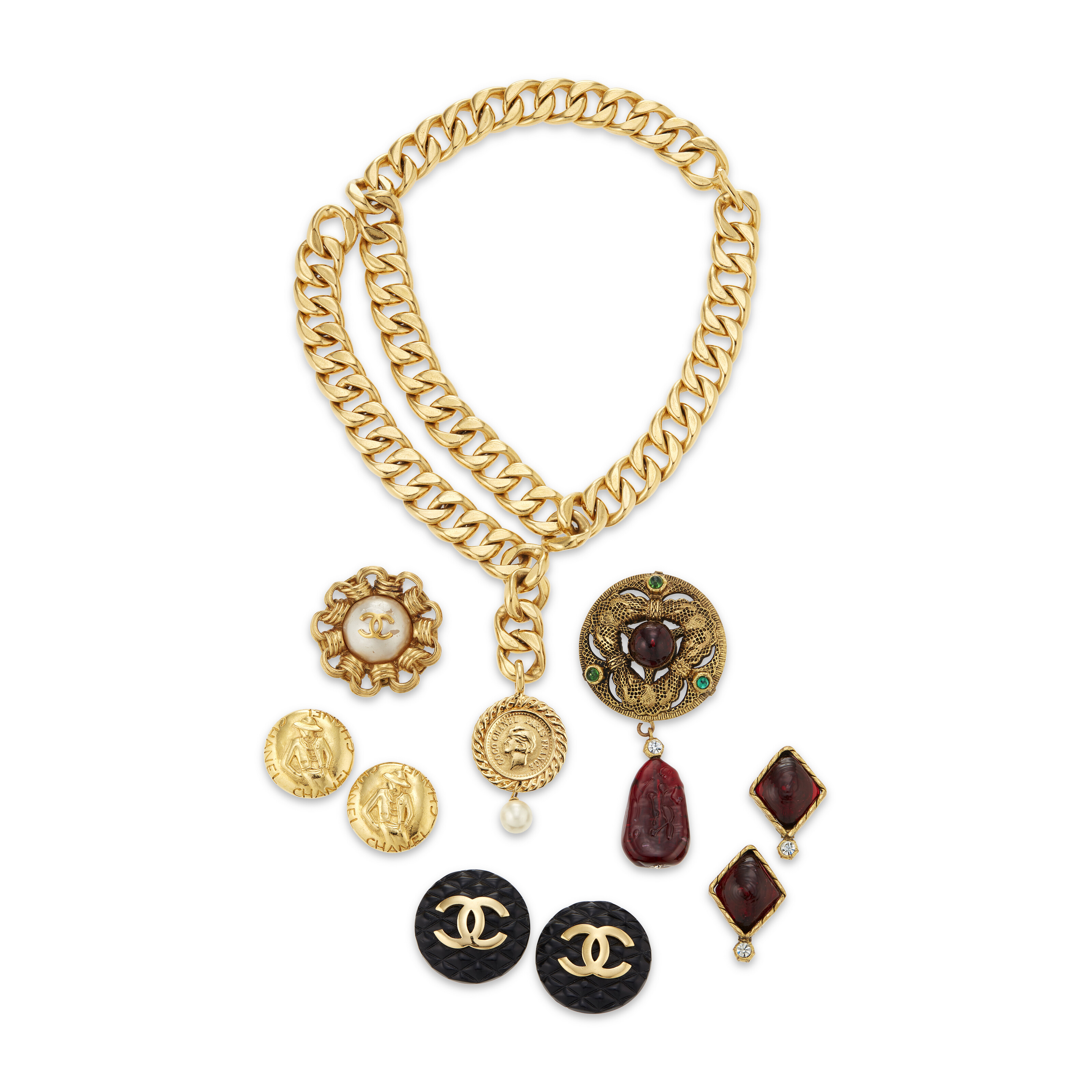 A SET OF SIX: A CC CAMEO MEDALLION CHOKER, A PAIR OF BLACK CC CLIP-ON ...