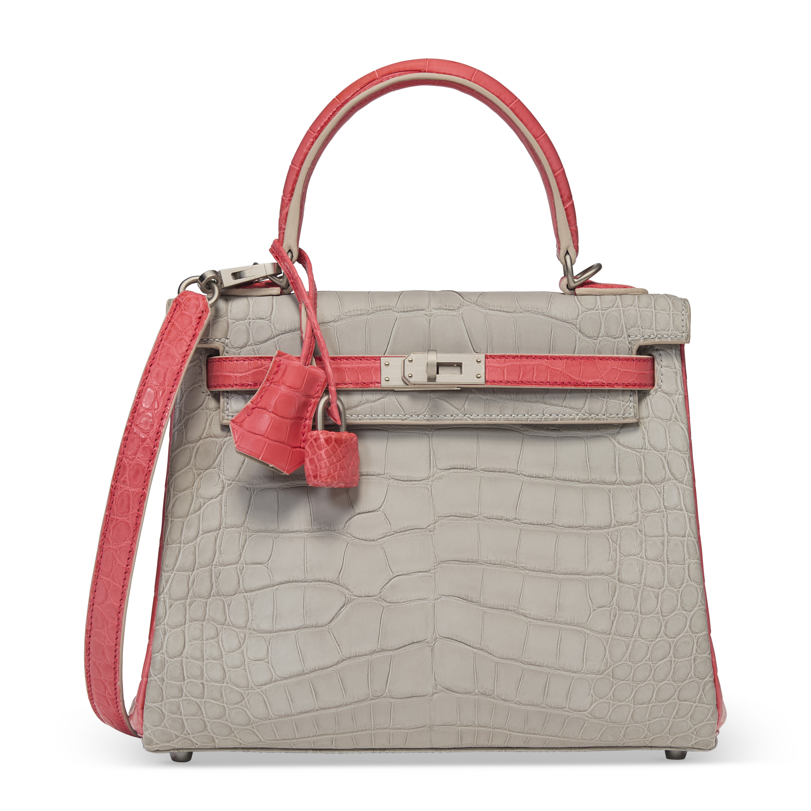 A CUSTOM MATTE GRIS PERLE & ROSE EXTRÊME ALLIGATOR RETOURNÉ KELLY 25 ...