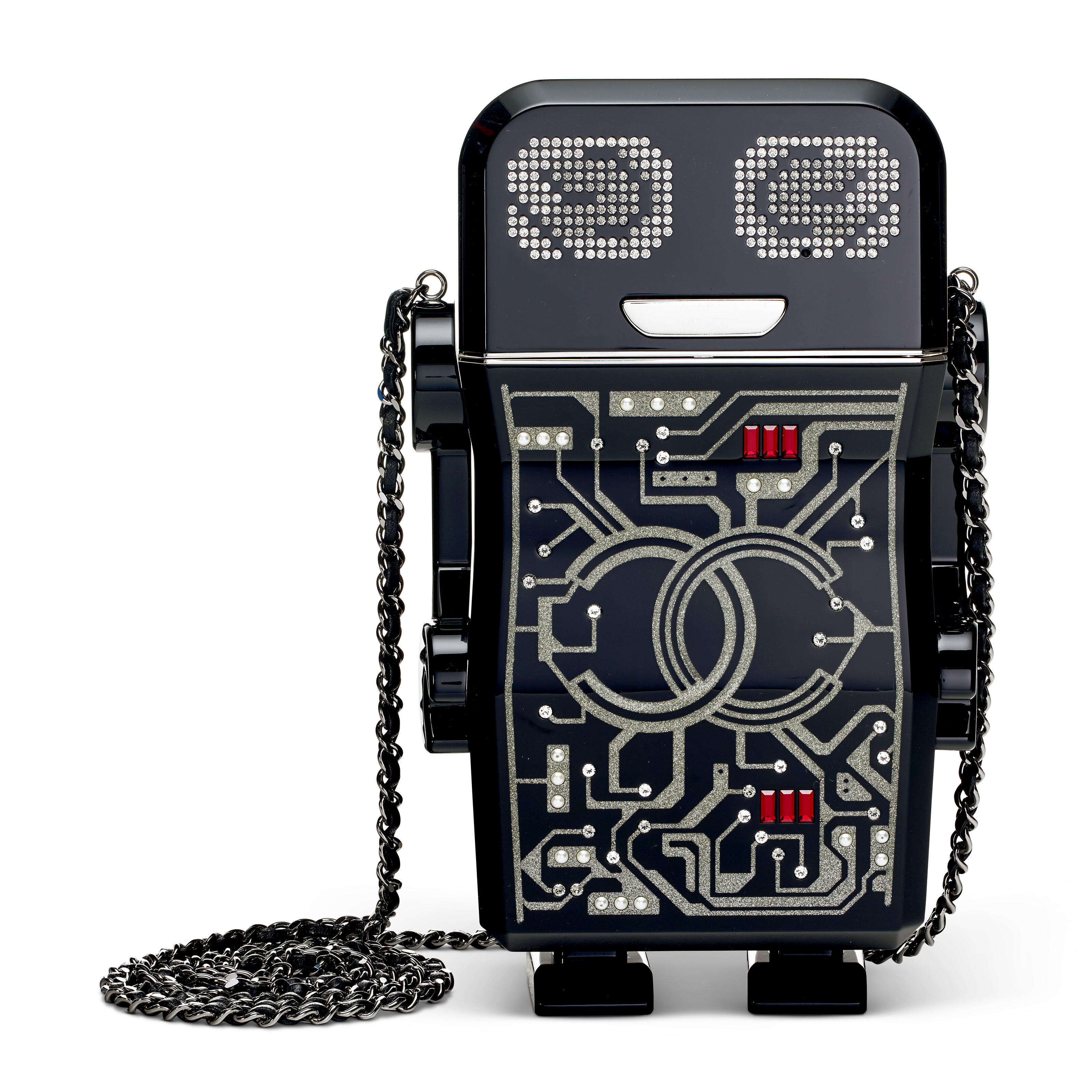 A RUNWAY DATA CENTER BLACK LUCITE ROBOT EVENING BAG WITH RUTHENTIUM ...