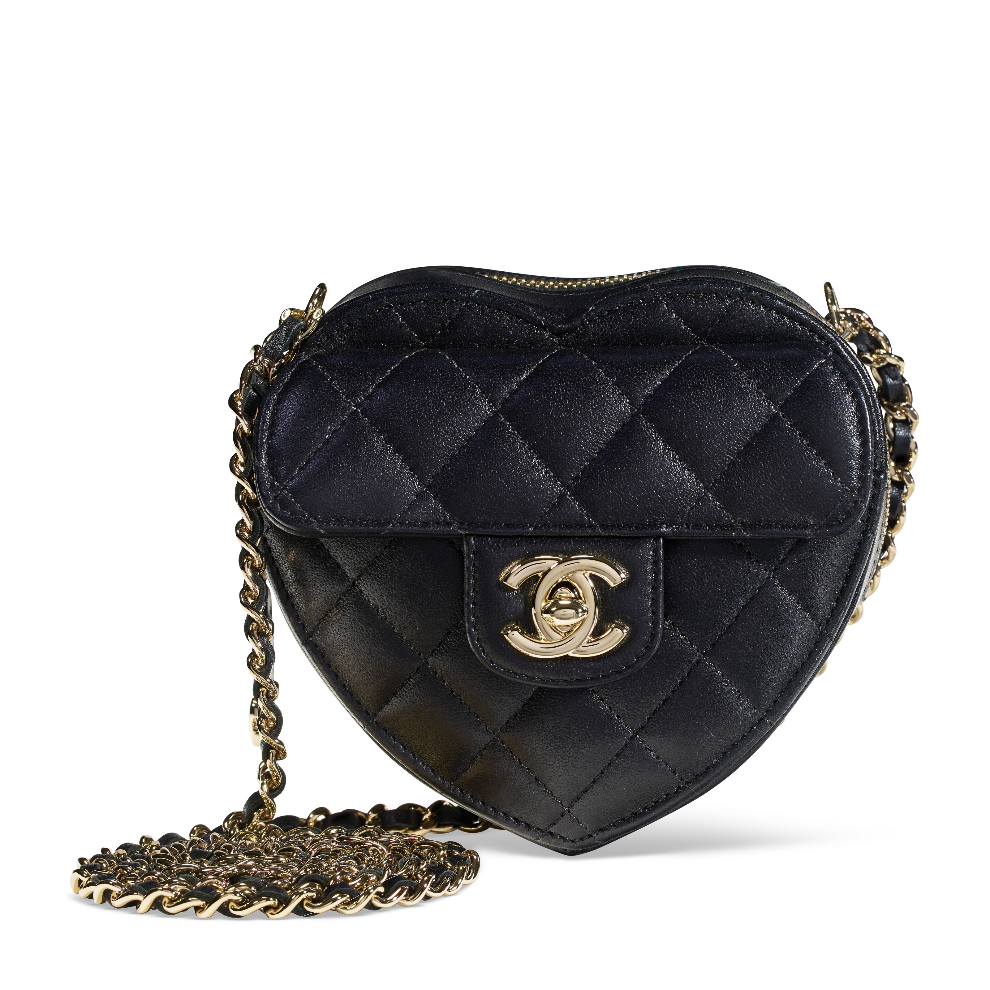A BLACK QUILTED LAMBSKIN LEATHER CC IN LOVE MINI HEART BAG WITH LIGHT ...