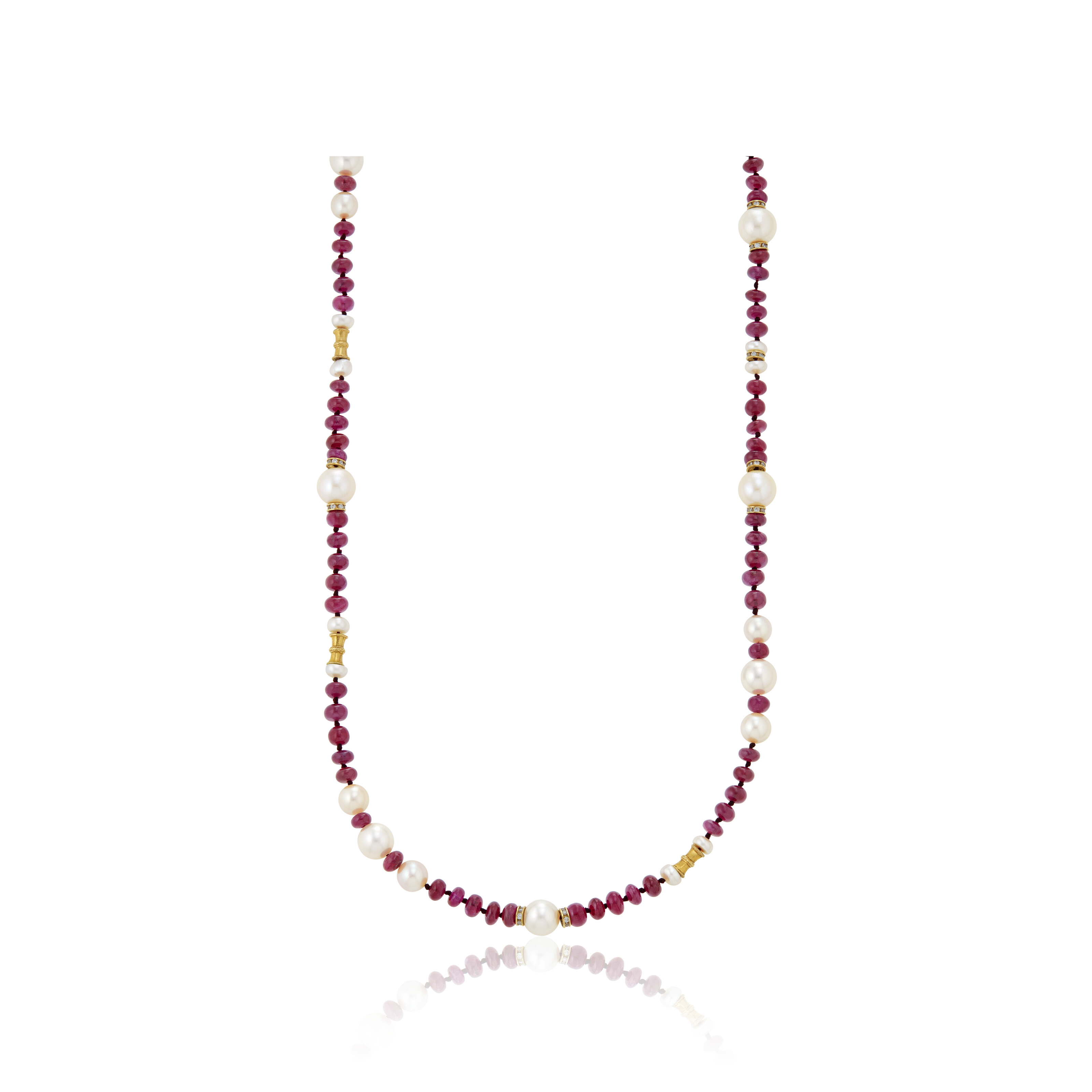 NO RESERVE | CULTURED PEARL, RUBY BEAD AND DIAMOND LONGCHAIN NECKLACE ...