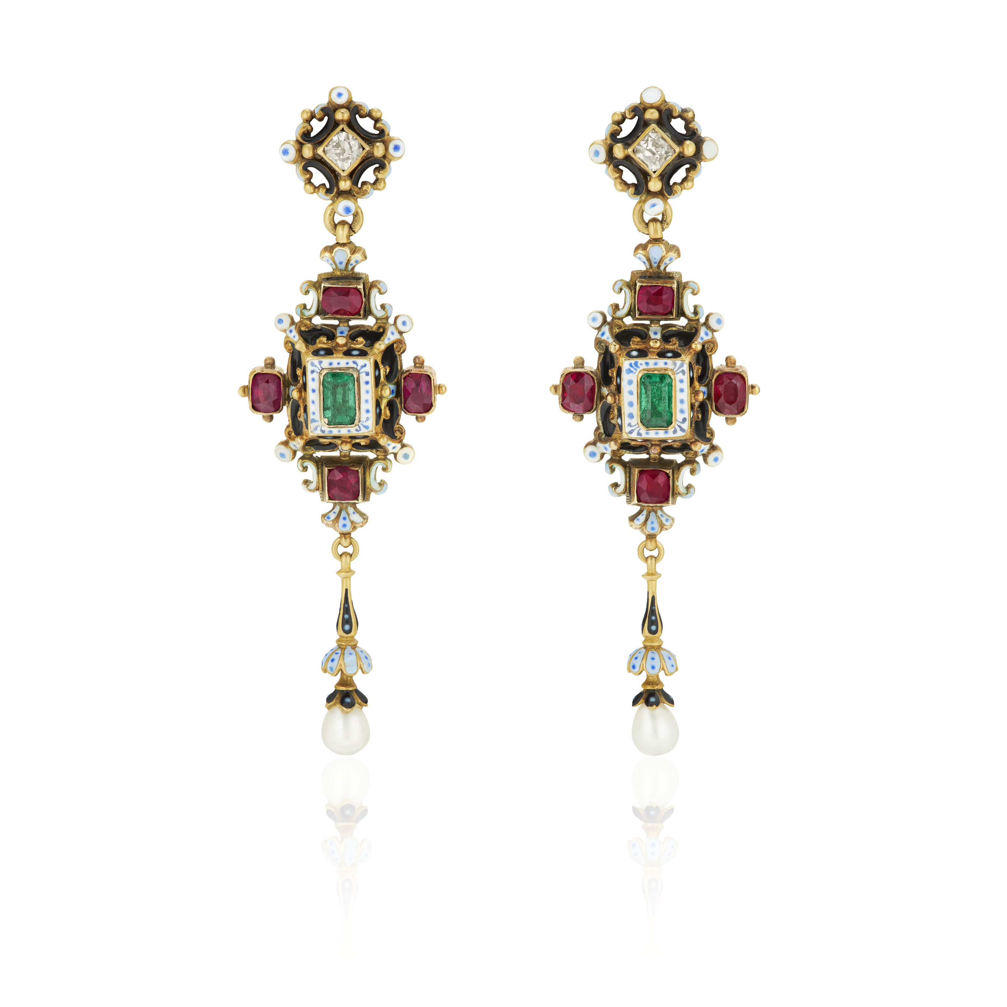 ANTIQUE RENAISSANCE REVIVAL ENAMEL AND MULTI-GEM EARRINGS, | Christie’s
