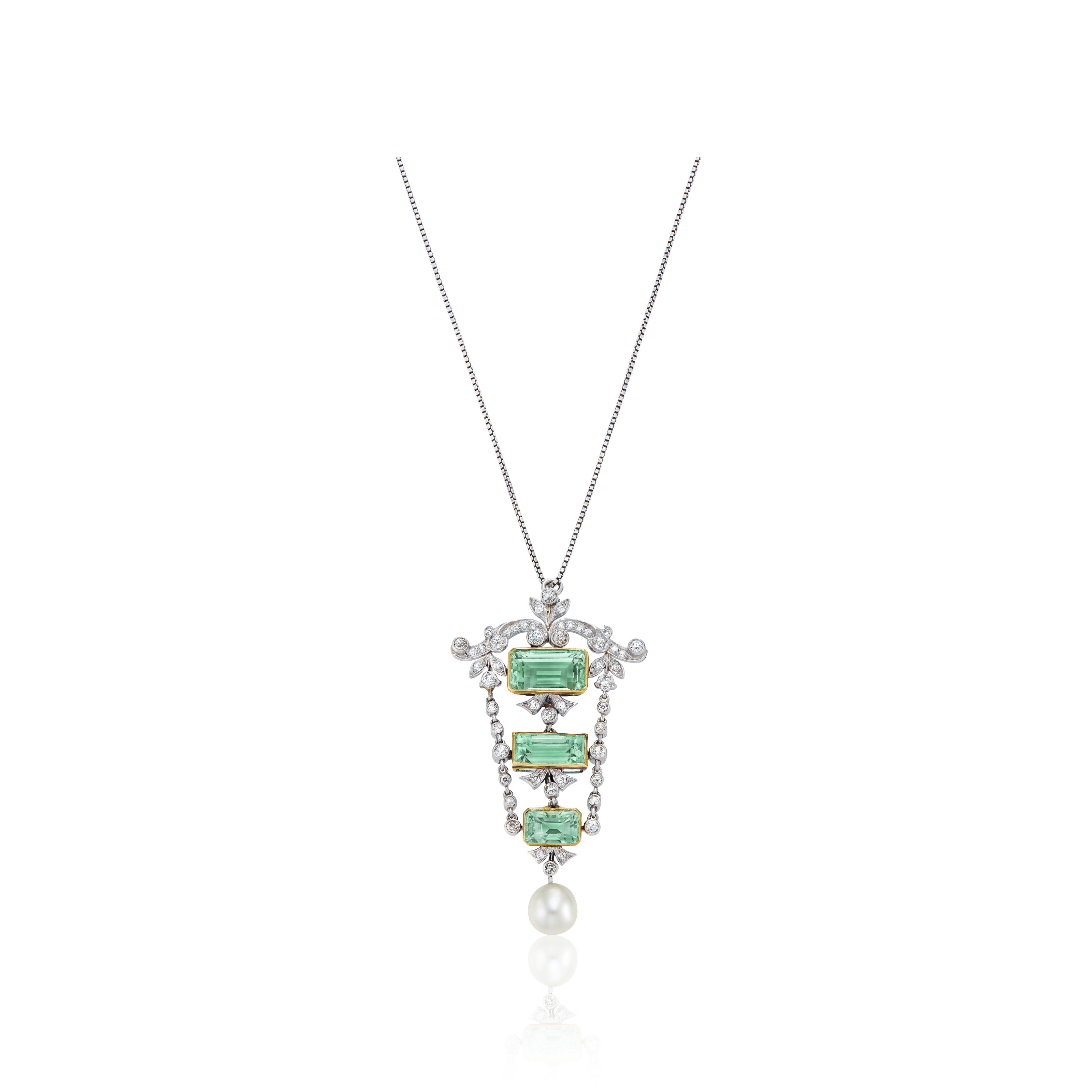 MARCUS & CO. ANTIQUE GREEN BERYL, PEARL AND DIAMOND PENDANT-BROOCH ...