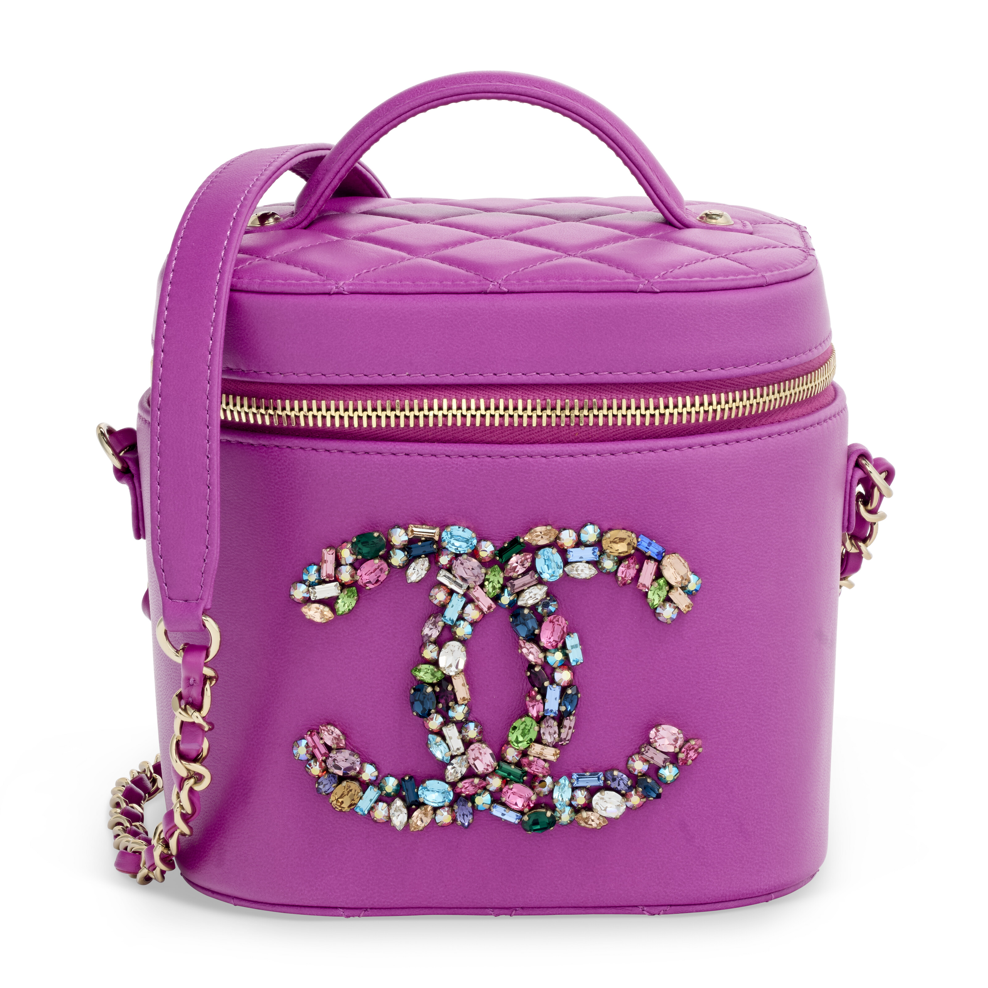 A PURPLE LAMBSKIN LEATHER CRYSTAL CC VANITY CASE WITH GOLD HARDWARE ...