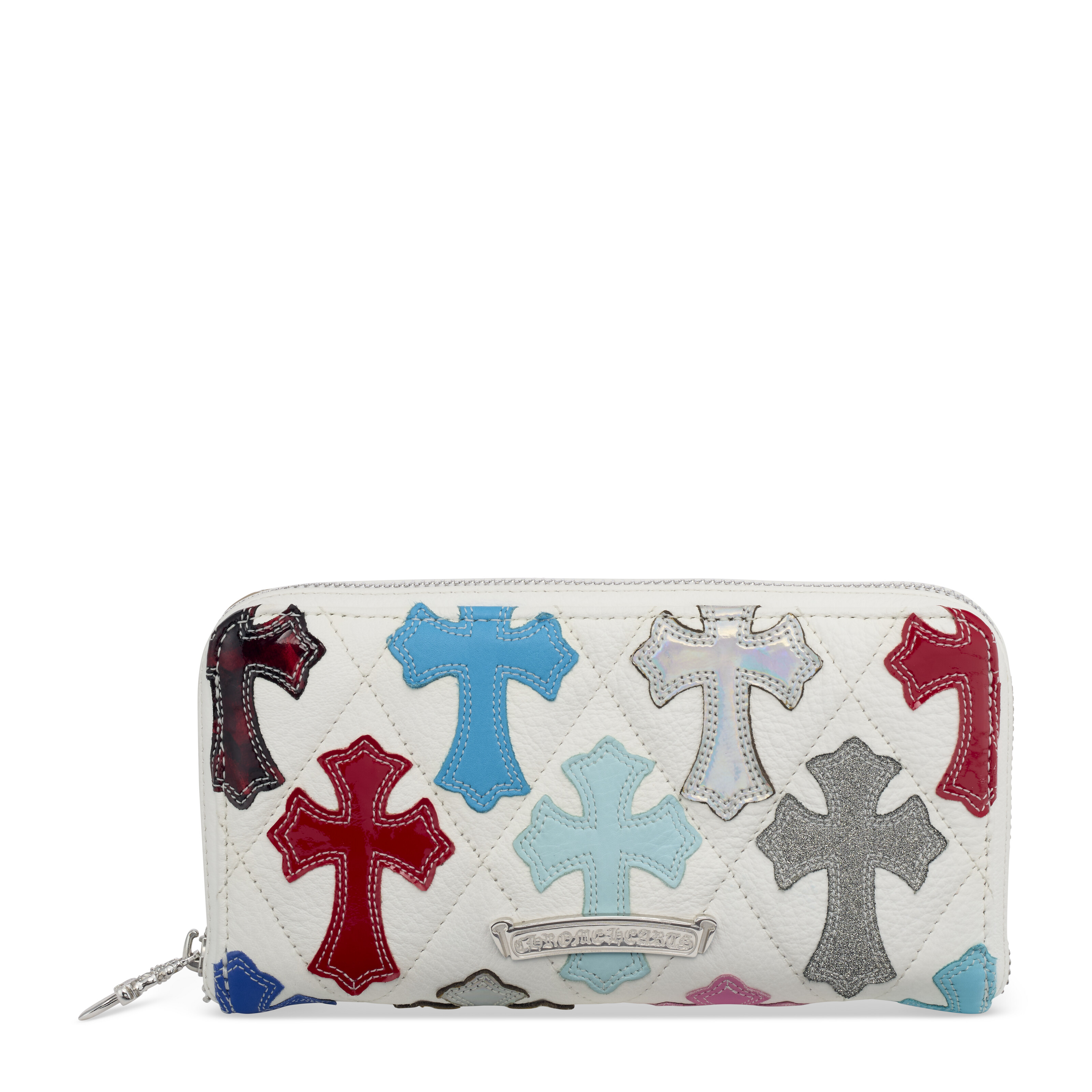 A WHITE & MULTICOLOR GRAINED LEATHER CROSS PATCH CEMETERY WALLET WITH ...