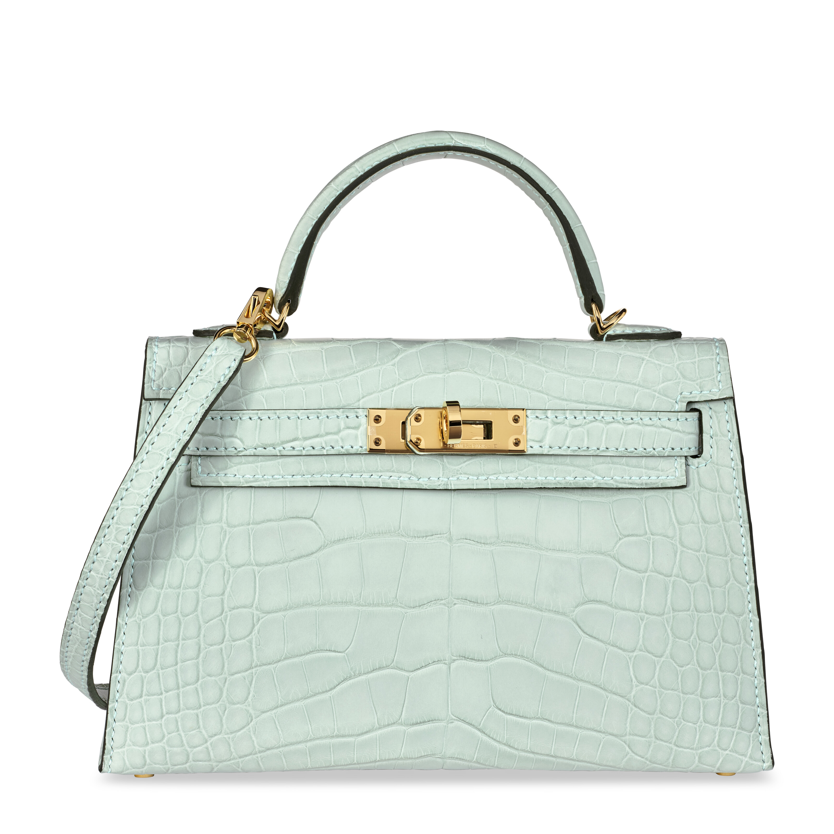 A MATTE VERT D'EAU ALLIGATOR MINI KELLY 20 II WITH GOLD HARDWARE ...