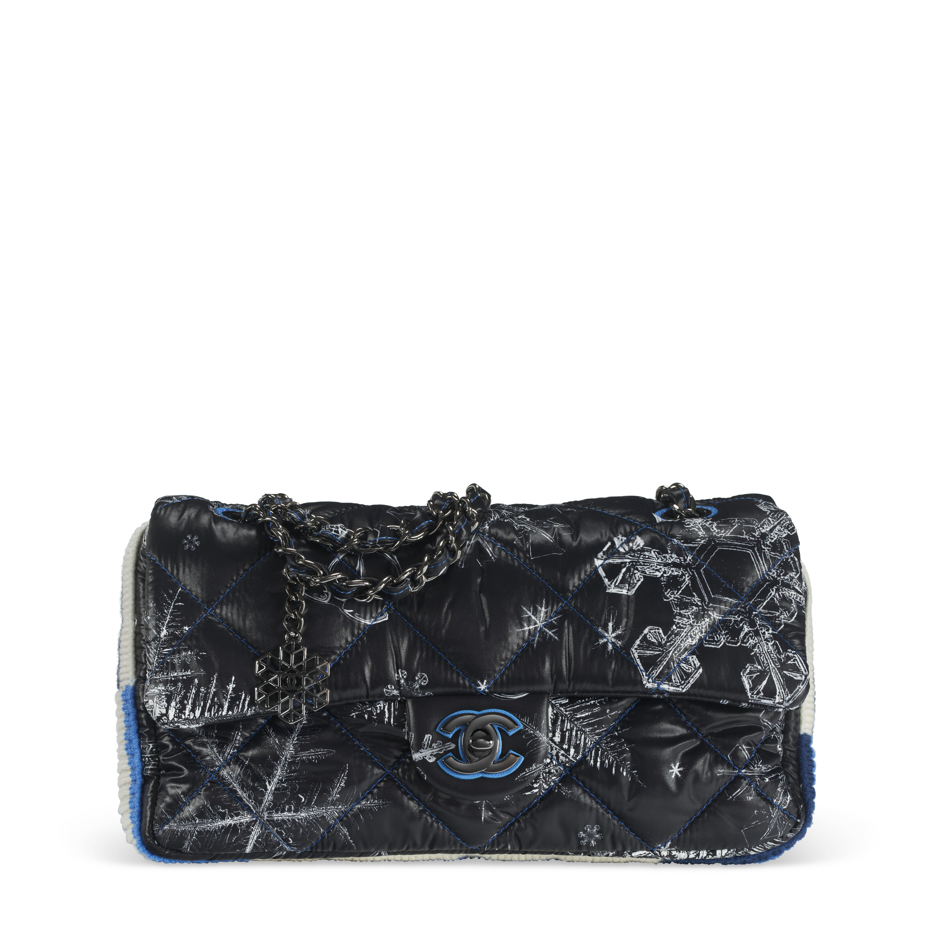 A BLACK, BLUE & WHITE SNOWFLAKE PRINT QUILTED NYLON AND KNIT FLAP BAG ...