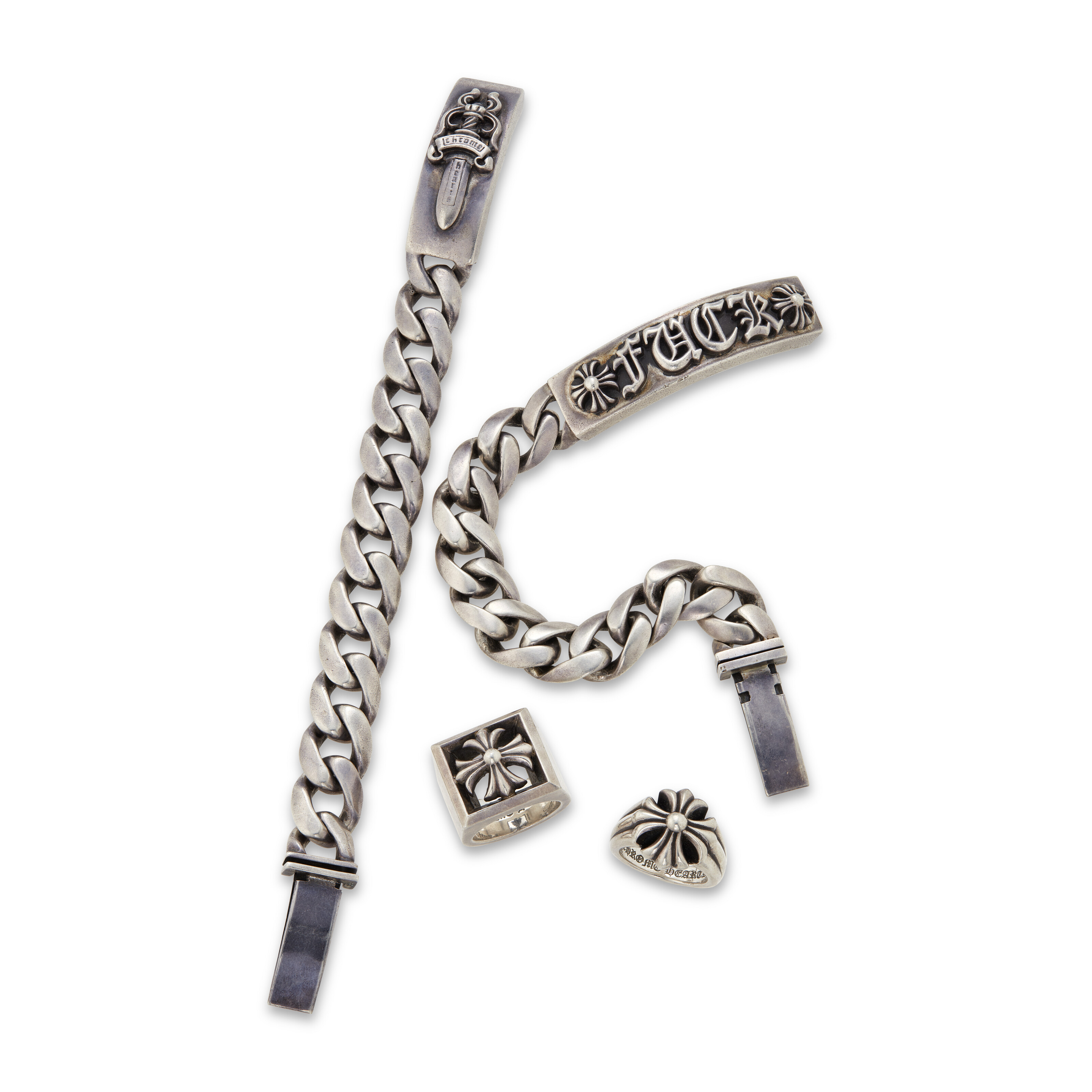 A SET OF FOUR STERLING SILVER: EXPLETIVE CHAIN LINK BRACELET, DAGGER ...