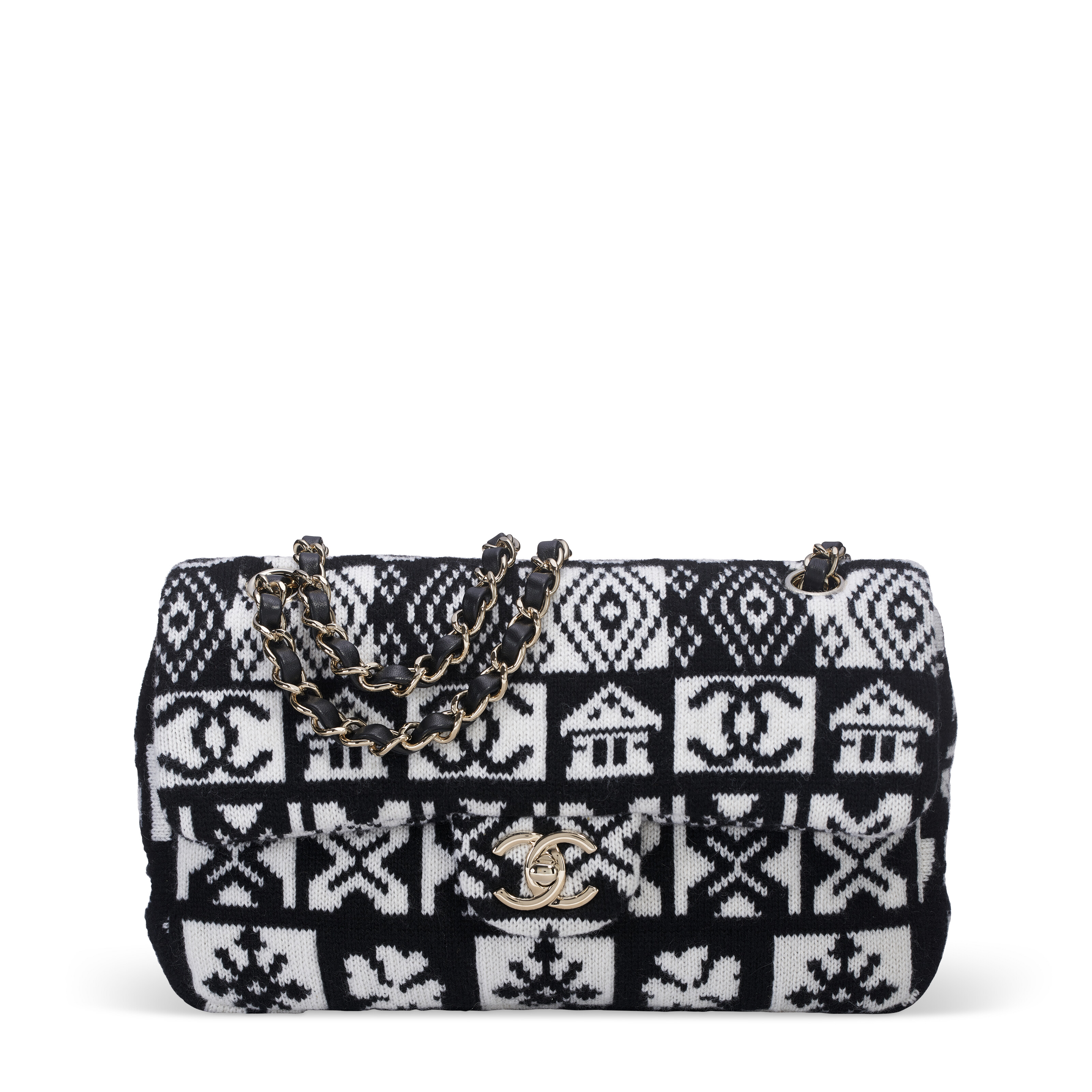A BLACK & WHITE FAIR-ISLE KNIT COCO NEIGE MEDIUM FLAP BAG WITH LIGHT ...