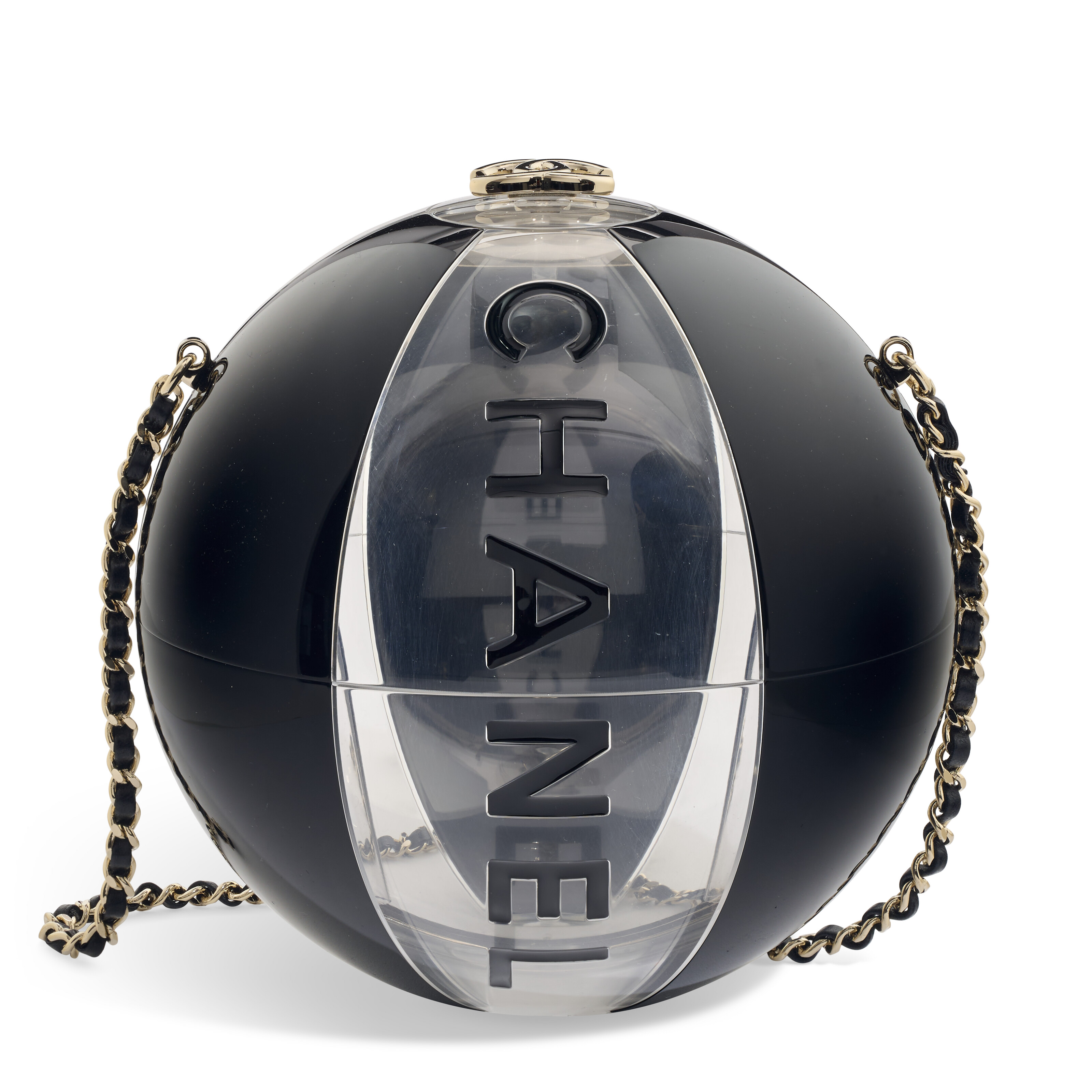 A RUNWAY BLACK & CLEAR LUCITE COCO BEACH BALL BAG WITH LIGHT GOLD ...