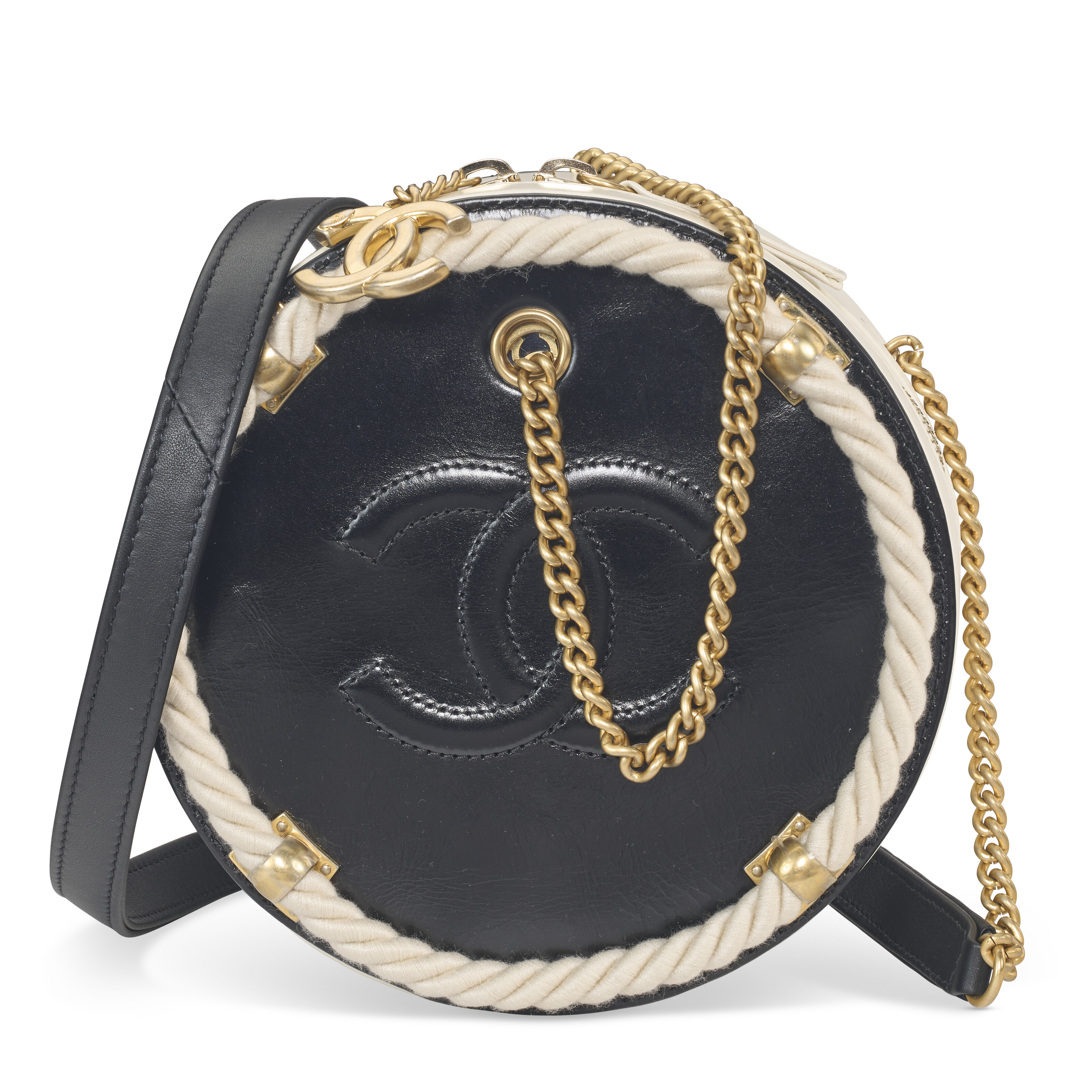 A RUNWAY BLACK & CREAM CALFSKIN LEATHER LA PAUSA CC ROPE CIRCLE BAG ...