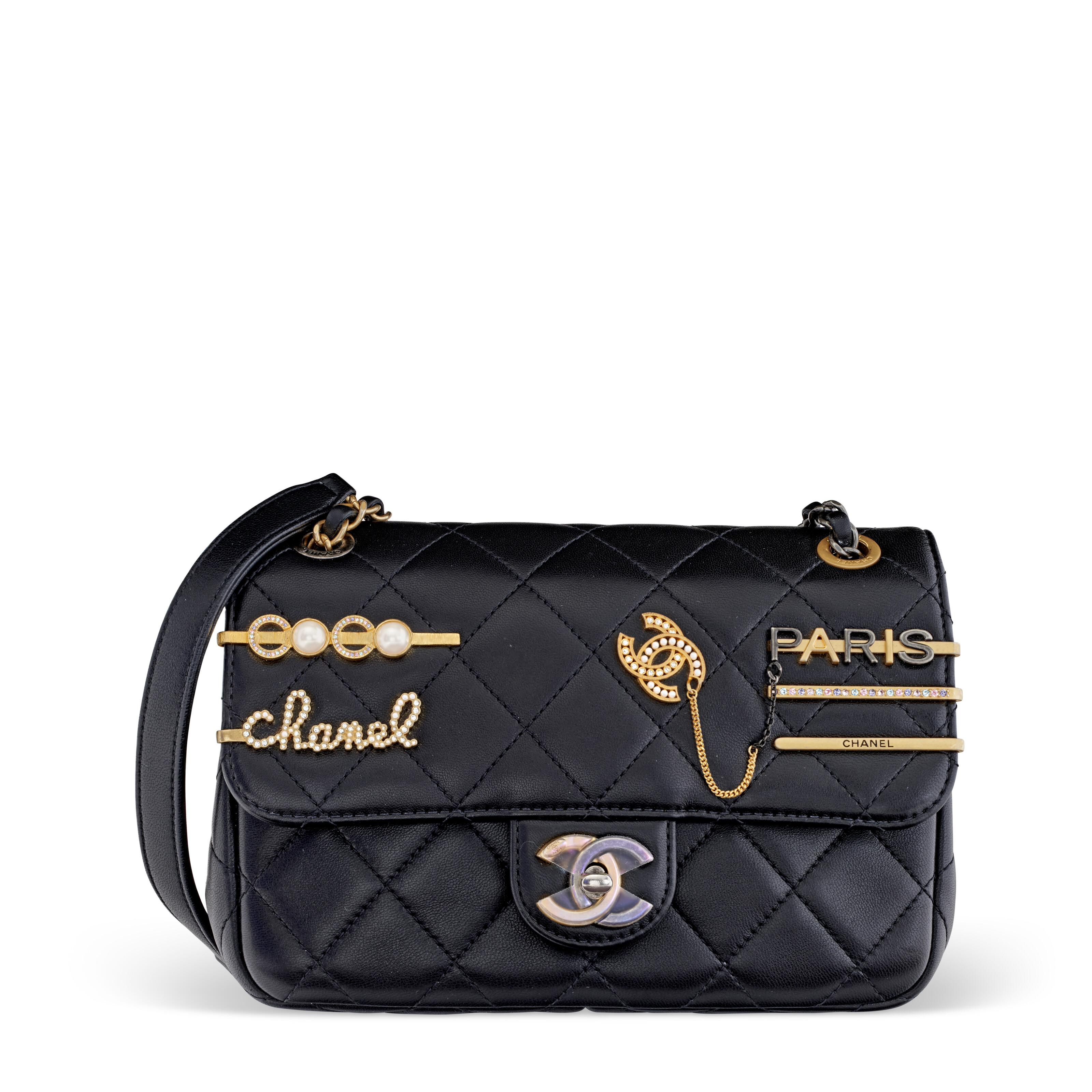 A BLACK LAMBSKIN LEATHER COCO CLIPS MINI FLAP BAG WITH GOLD & ANTIQUED ...