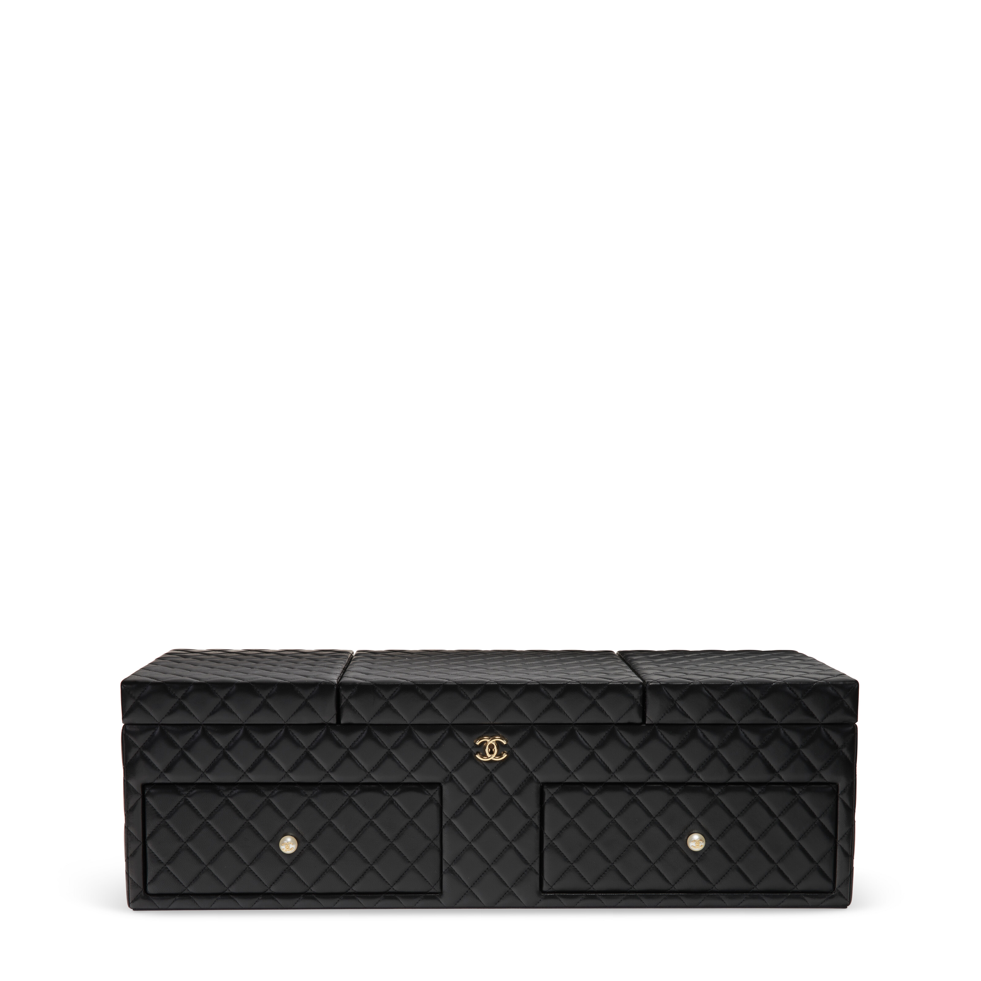 A BLACK QUILTED LAMBSKIN LEATHER & FAUX PEARL LARGE JEWELRY TRUNK WITH ...