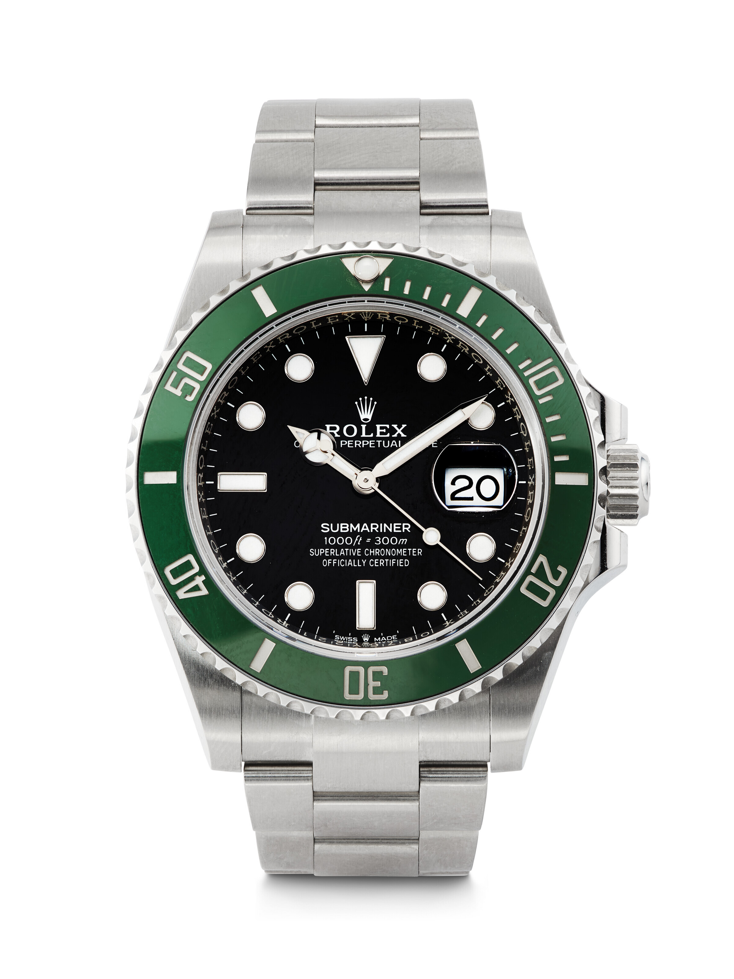 ROLEX, STAINLESS STEEL 'SUBMARINER DATE' WITH GREEN CERACHROM BEZEL ...