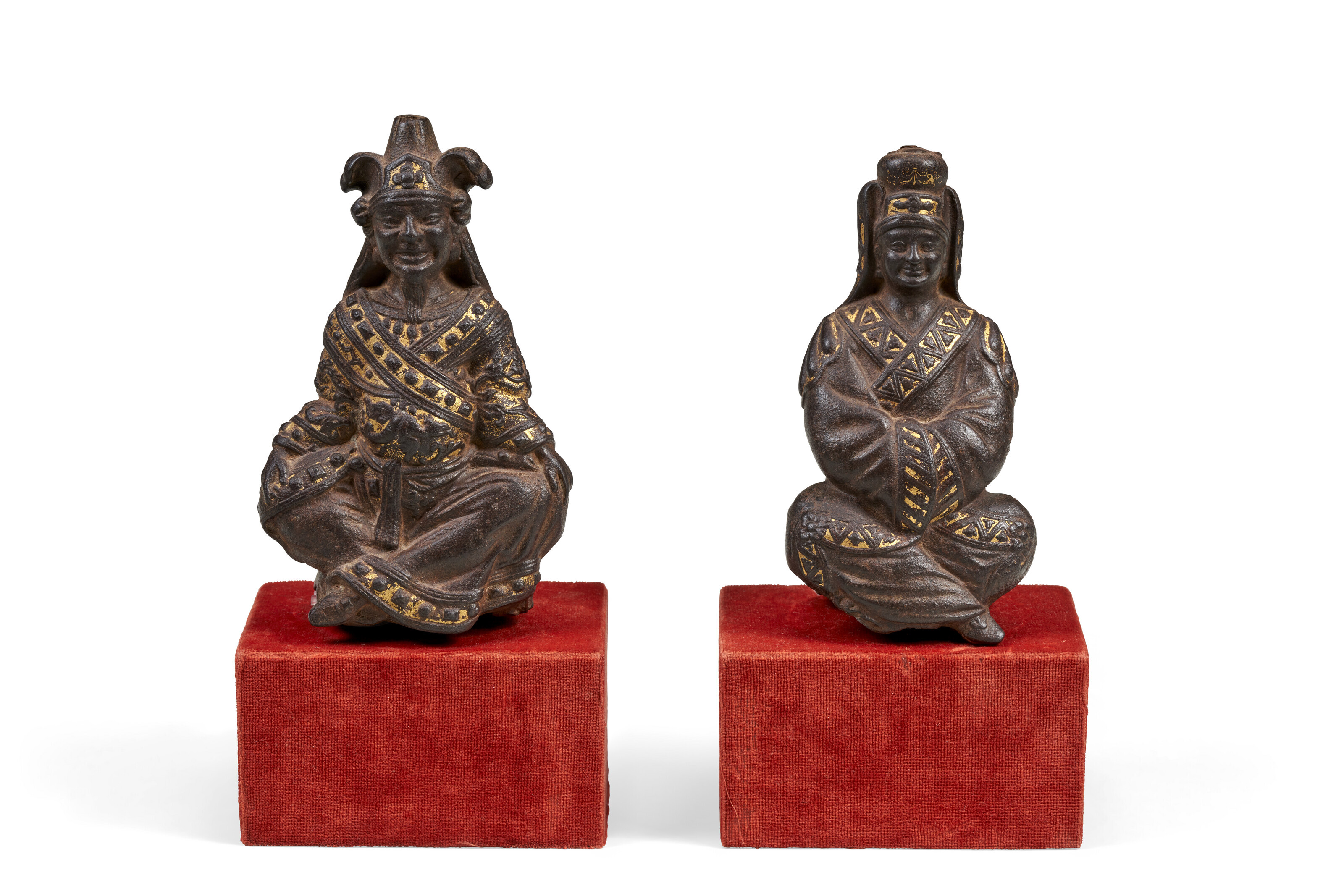 A PAIR OF GOLD-INLAID IRON FIGURES OF A KING AND QUEEN, CENTRAL ASIA ...