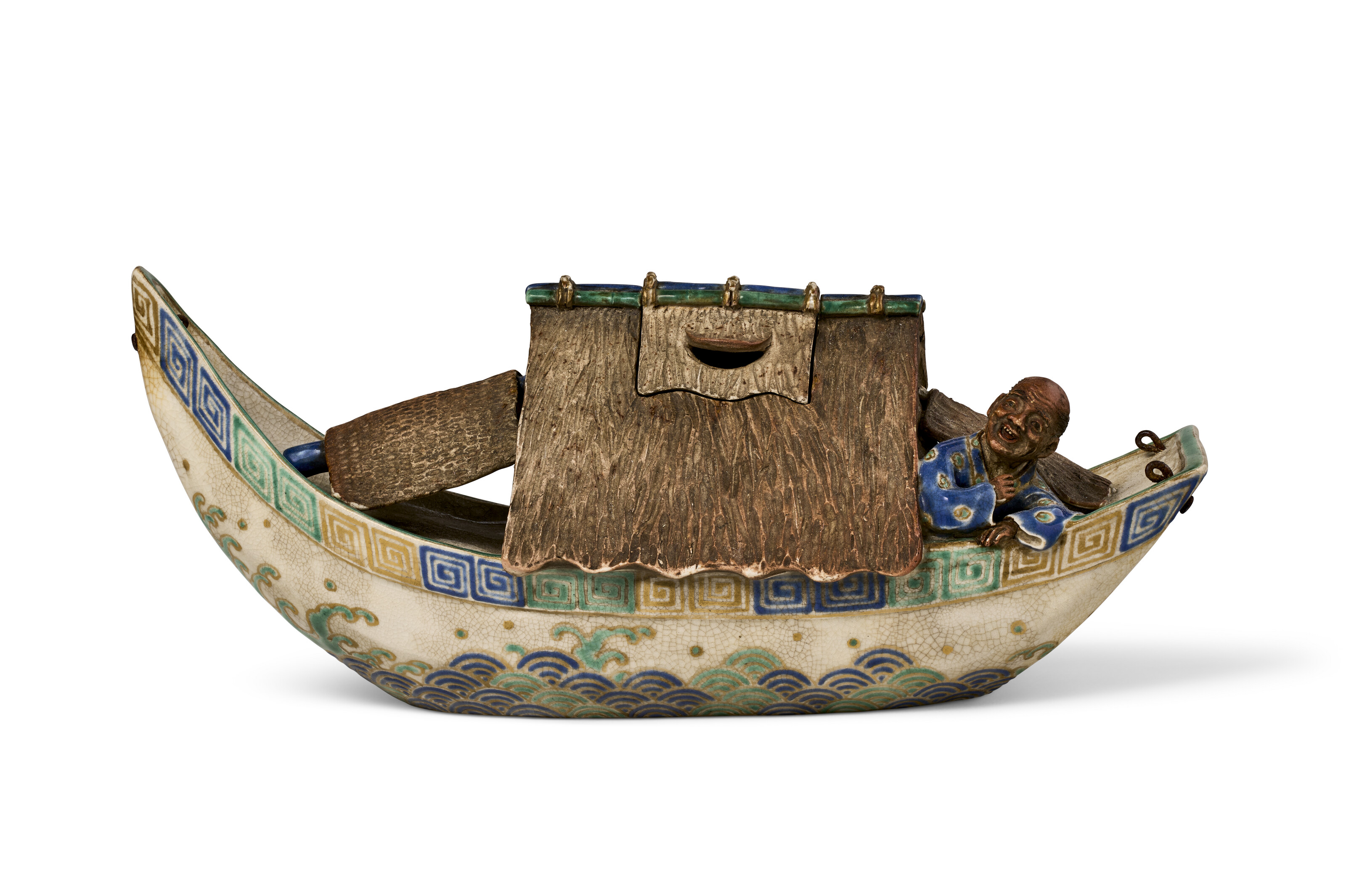AN EARTHERNWARE BOAT-SHAPE INCENSE BURNER, KYOTO WARE, KIYOMIZU TYPE ...