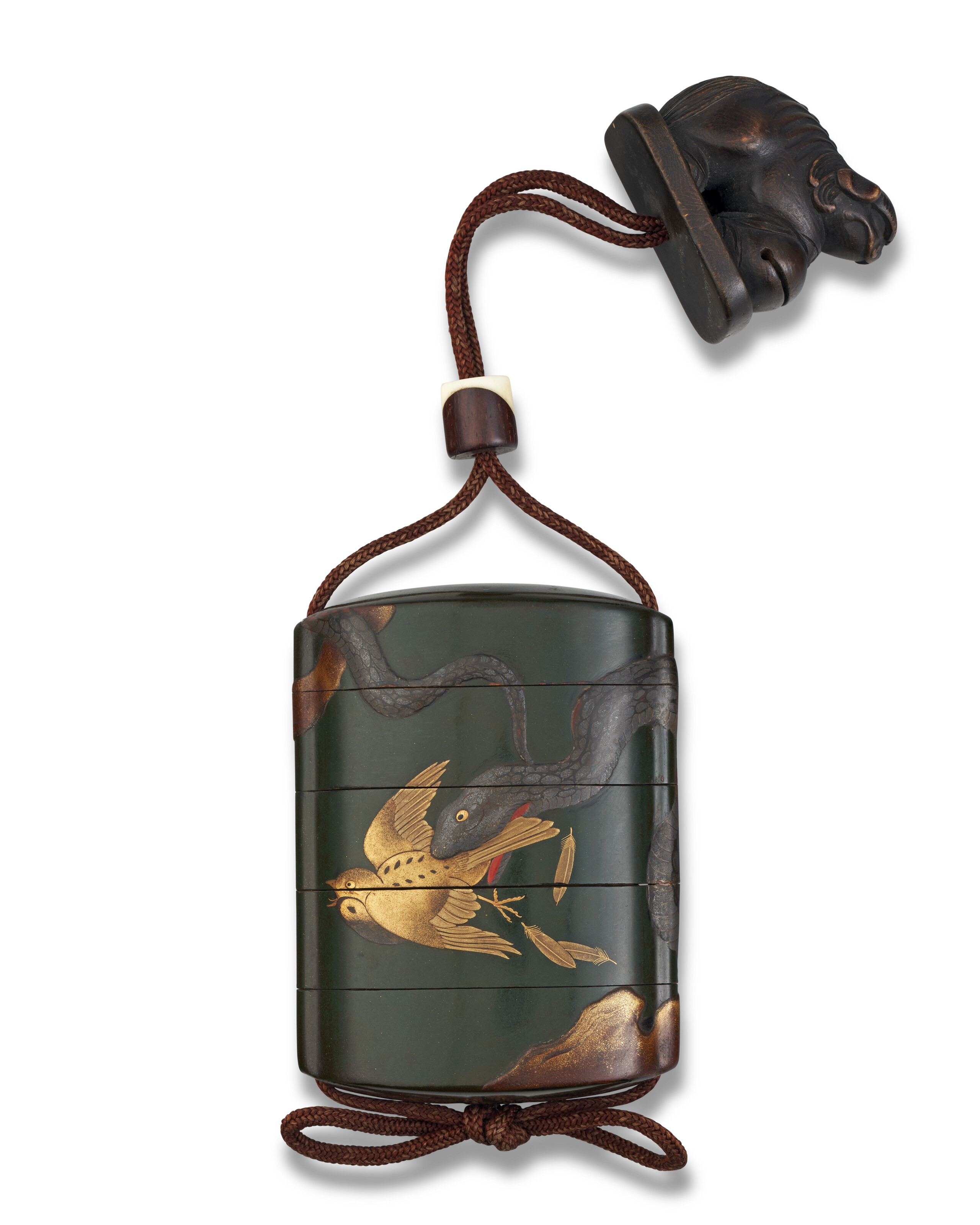 A FOUR-CASE LACQUER INRO OF A SNAKE BITING A BIRD, JAPAN, EDO PERIOD ...