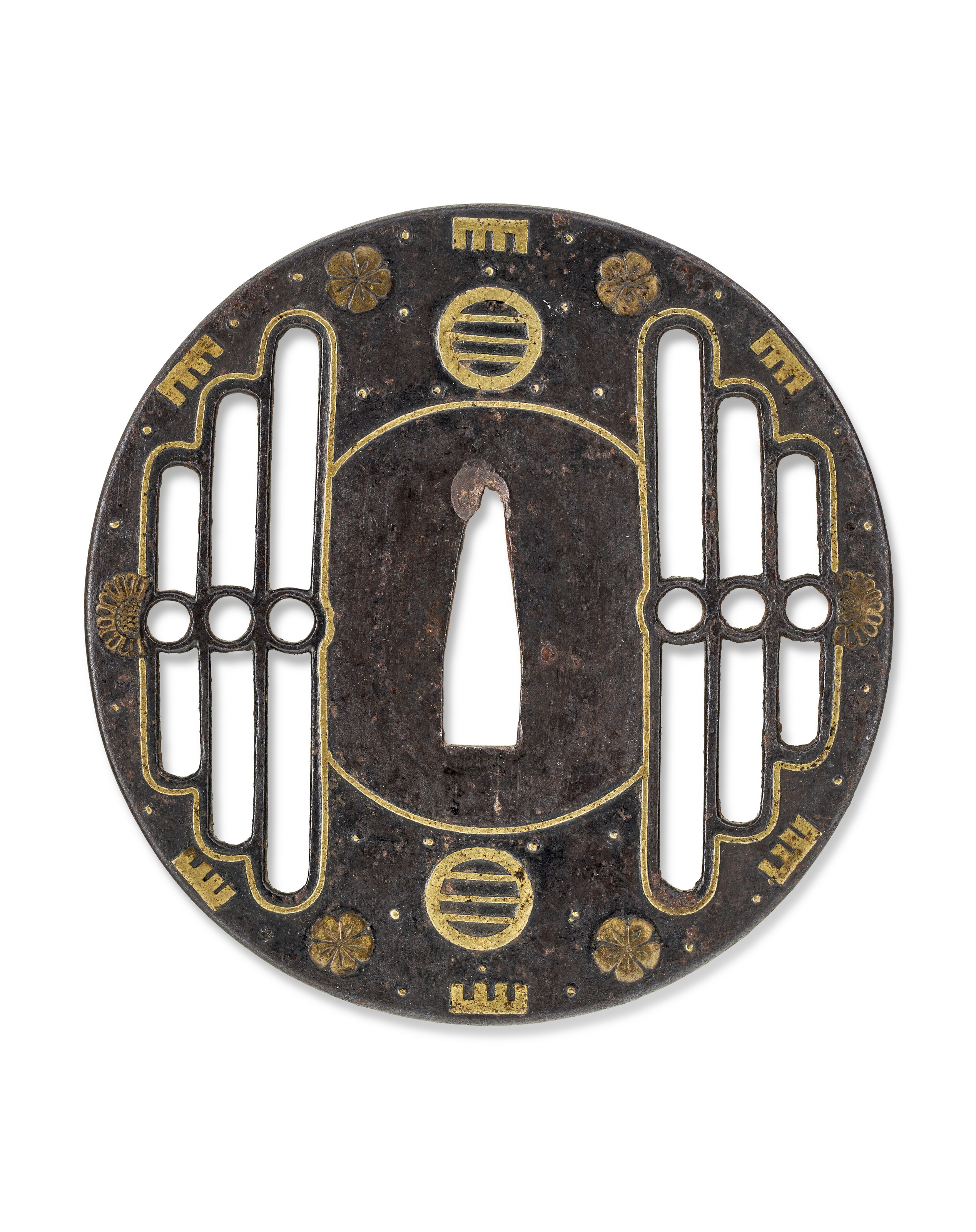 A BRASS-INLAID IRON TSUBA, MOMOYAMA-EDO PERIOD (16TH-17TH CENTURY ...