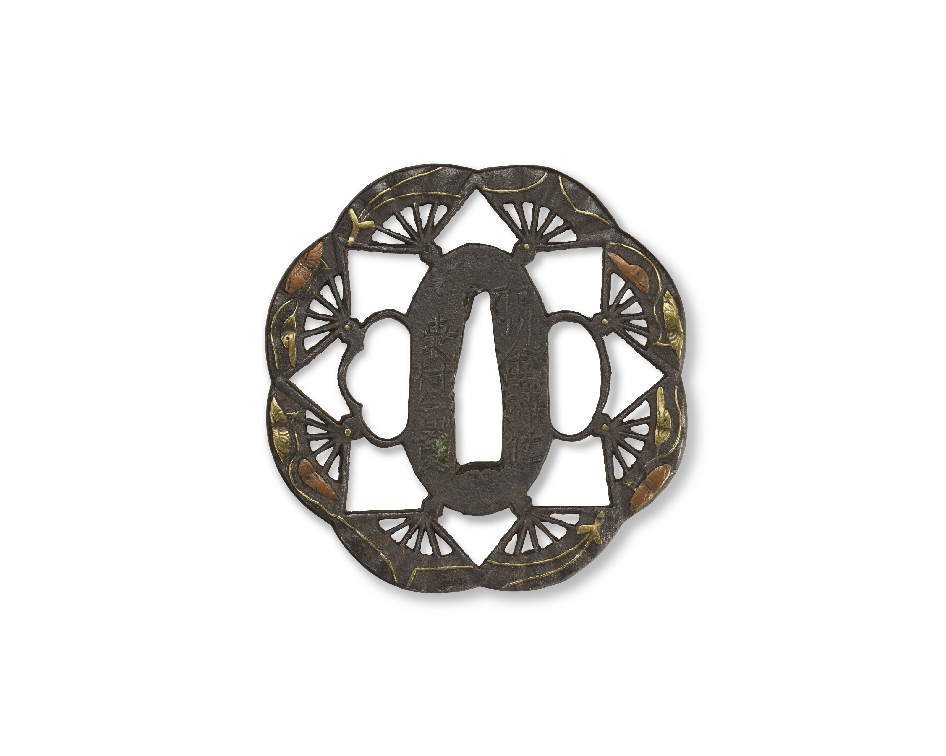 A SOFT-METAL-INLAID IRON TSUBA OF FAN, EDO PERIOD (18TH CENTURY ...