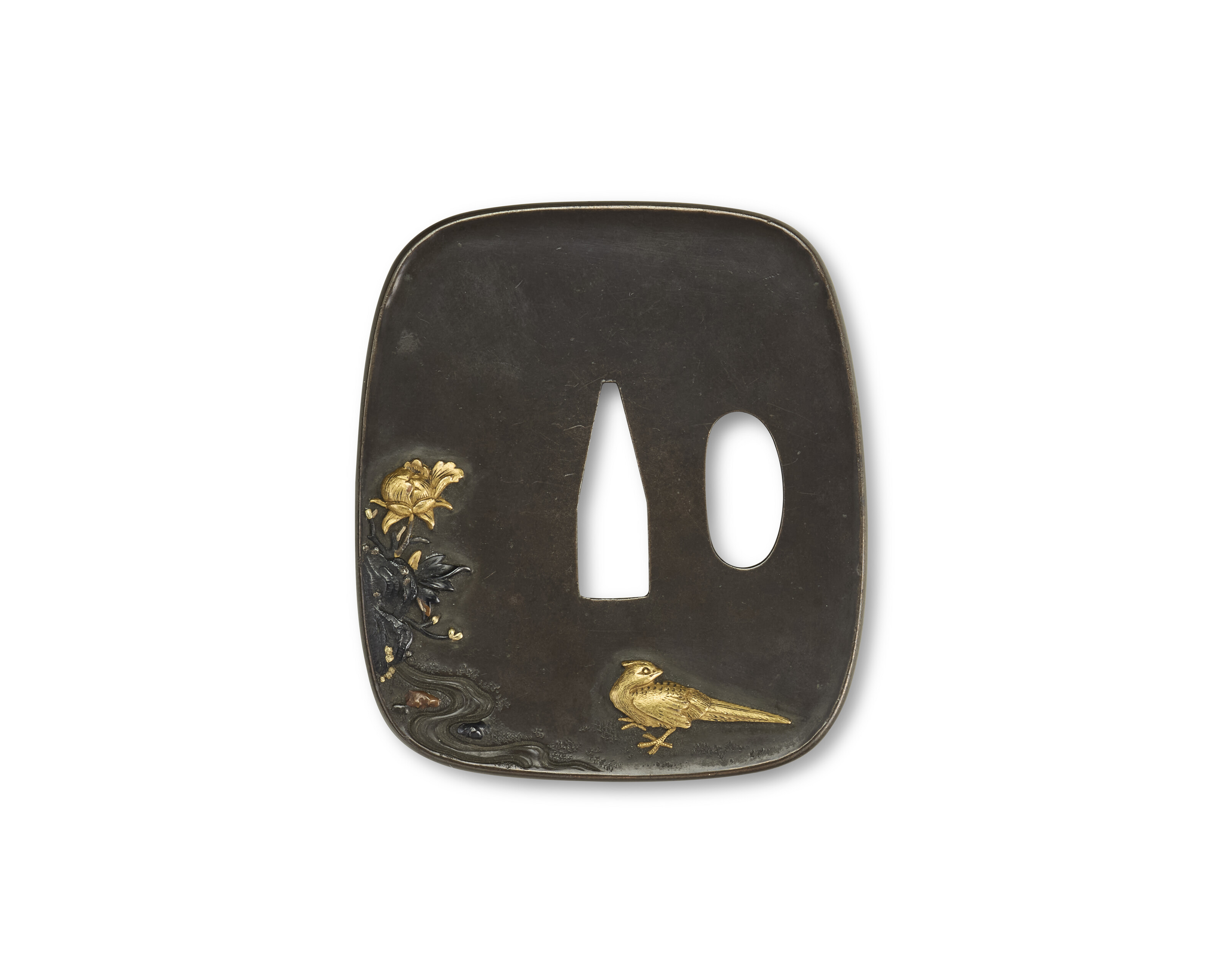 A SOFT-METAL-INLAID SHIBUICHI TSUBA WITH PHEASANT AND PEONY, EDO PERIOD ...