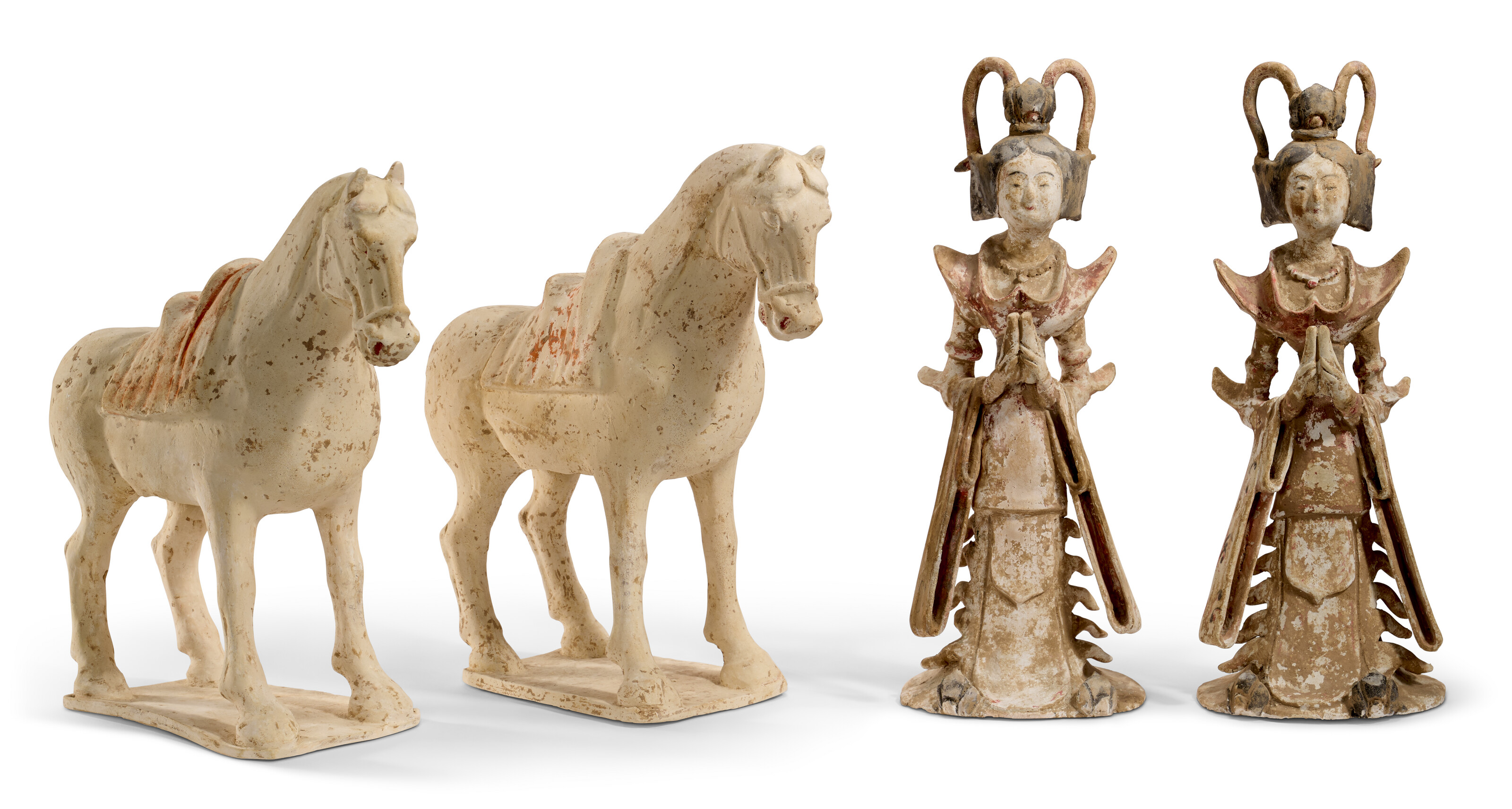 A PAIR OF PAINTED POTTERY FIGURES OF HORSES AND A PAIR OF PAINTED ...