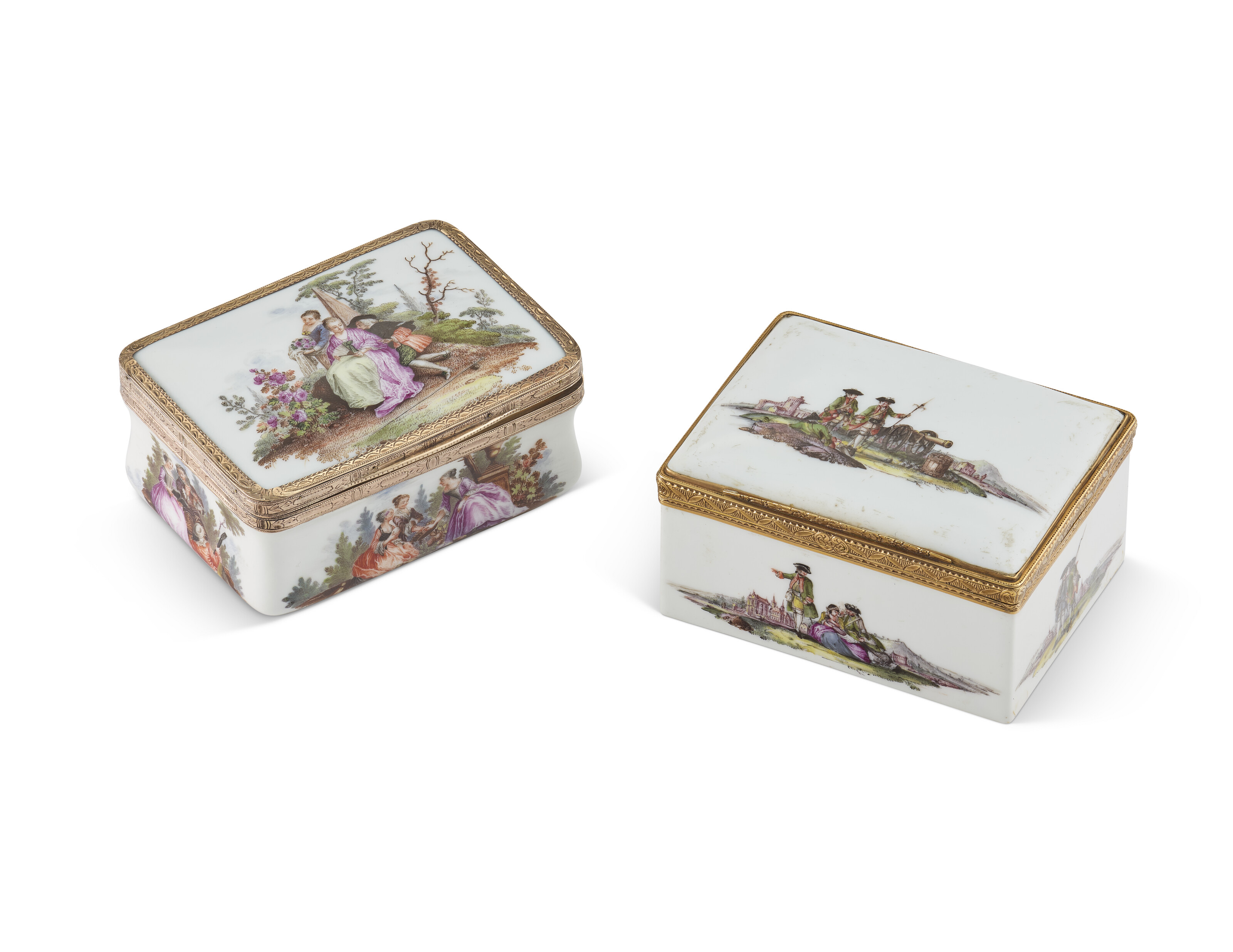 TWO GOLD-MOUNTED MEISSEN PORCELAIN SNUFF BOXES, THE PORCELAIN MID-18TH ...