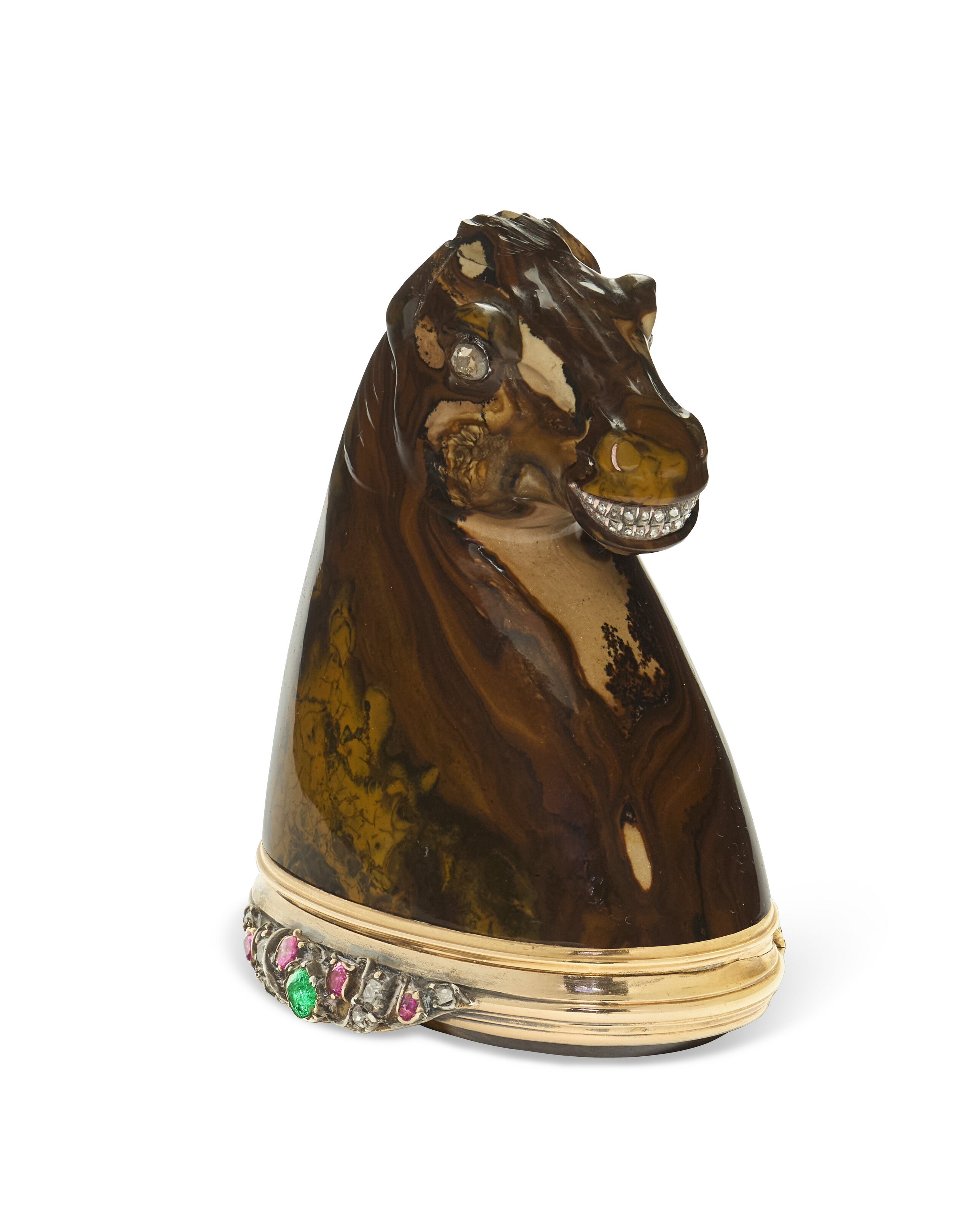 A GERMAN DIAMOND, RUBY, AND EMERALD-SET GOLD-MOUNTED HARDSTONE SNUFF ...