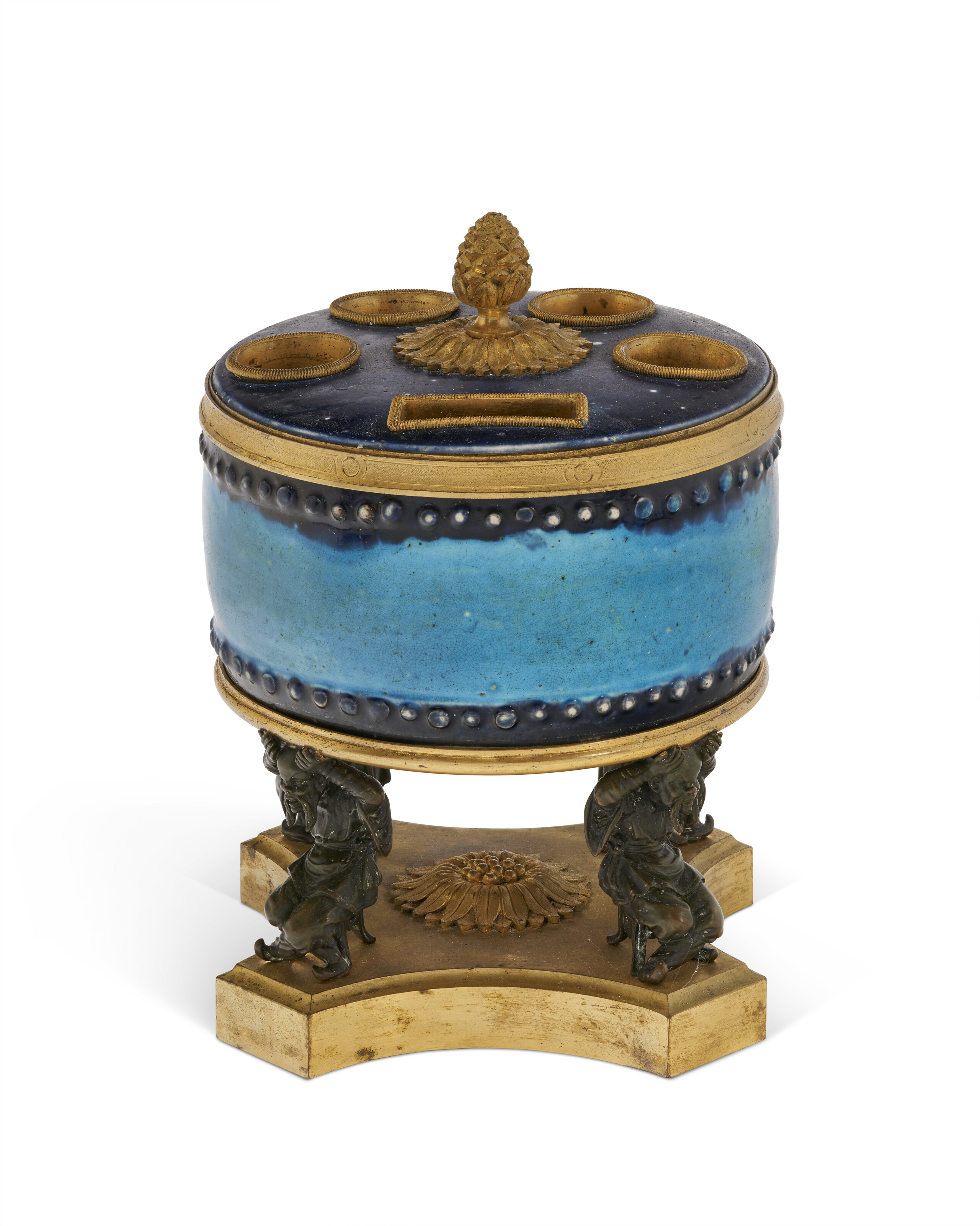 A FRENCH ORMOLU, PATINATED BRONZE AND CHINESE PORCELAIN INKWELL, THE ...