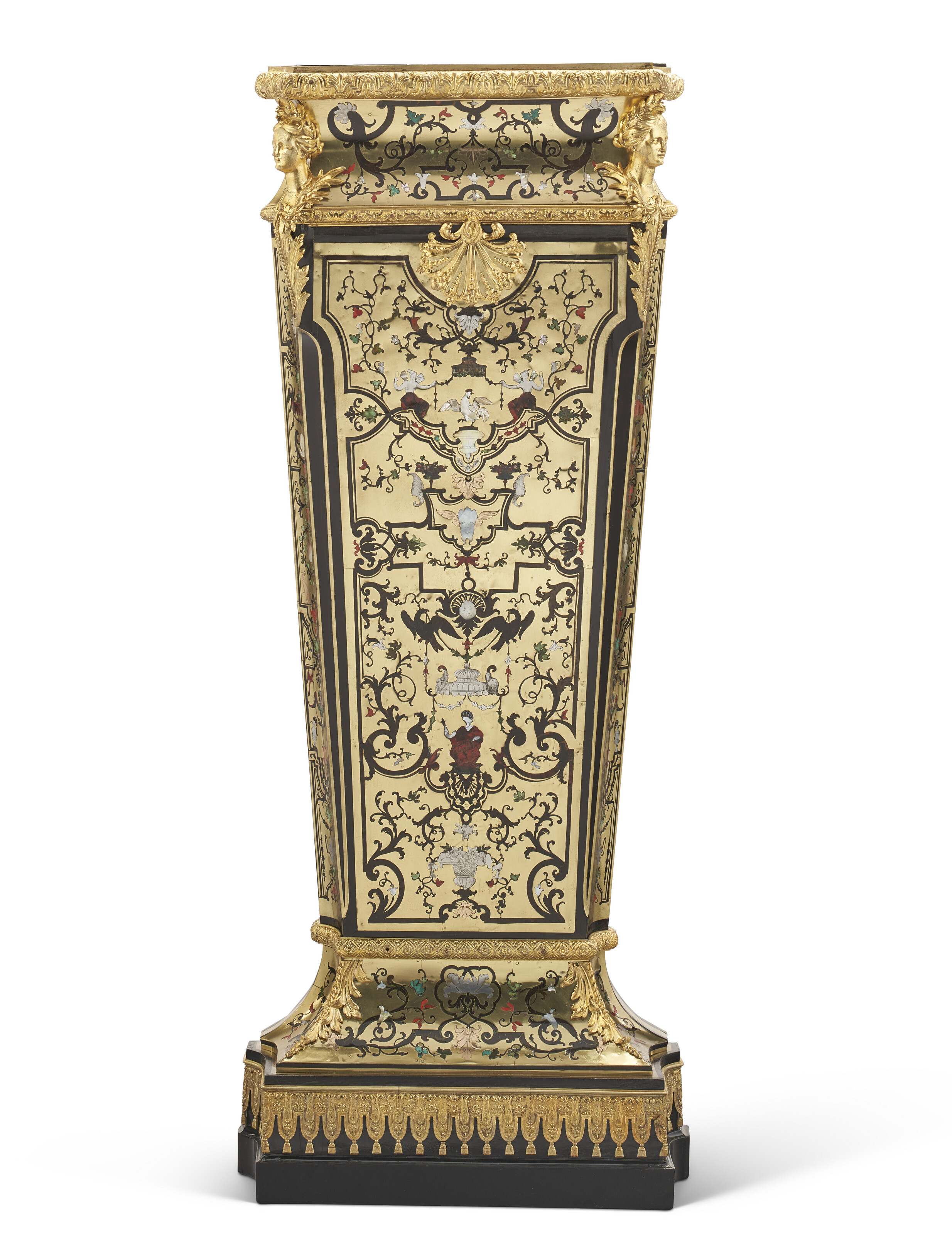 A REGENCE ORMOLU-MOUNTED TORTOISESHELL, BRASS AND STAINED HORN BOULLE MARQUETRY PEDESTAL ...